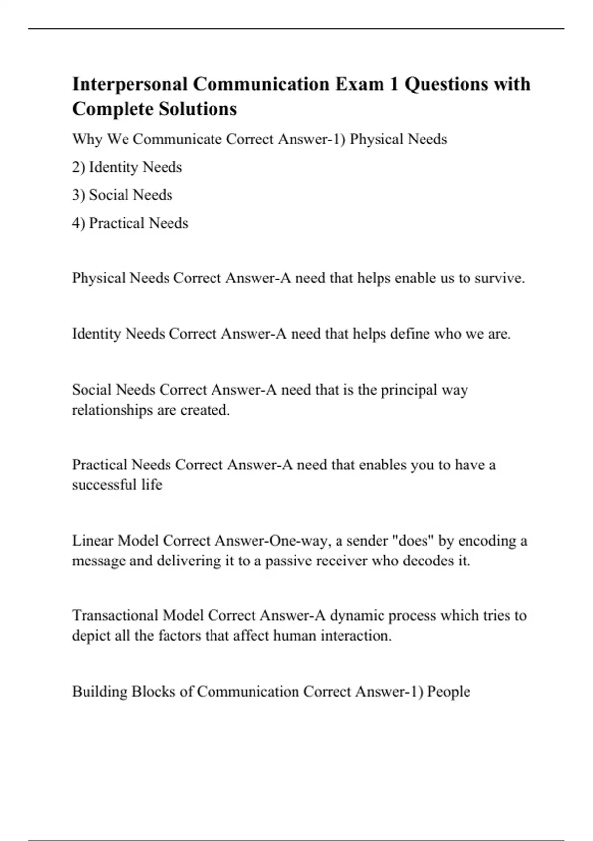 Interpersonal Communication Exam 1 Questions with Complete Solutions ...