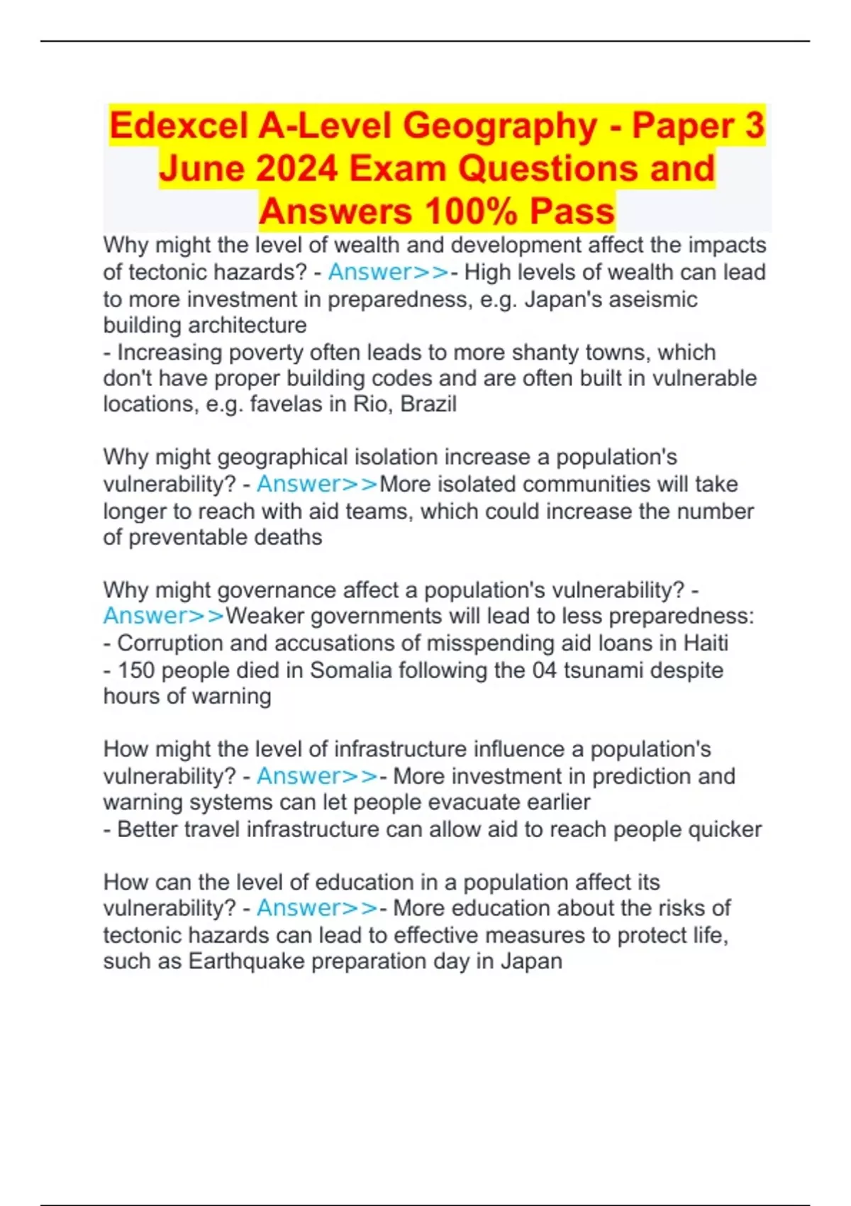 Edexcel A-Level Geography - Paper 3 June 2024 Exam Questions and ...