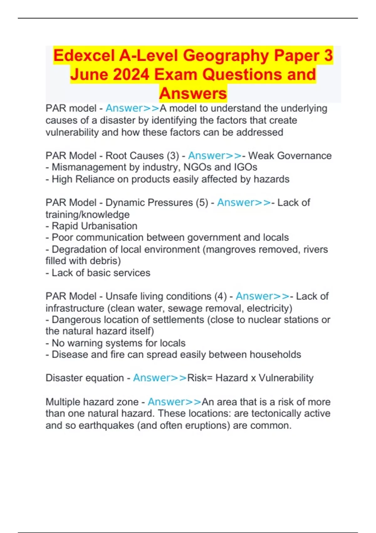 Edexcel A-Level Geography Paper 3 June 2024 Exam Questions and Answers ...