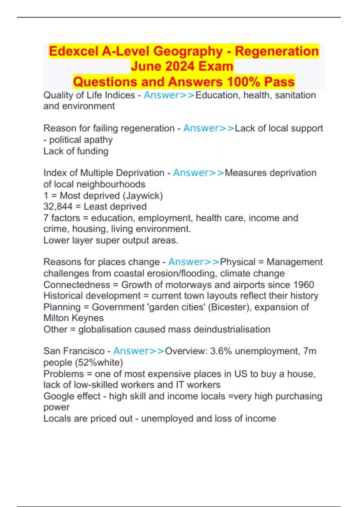 Edexcel A-Level Geography - Regeneration June 2024 Exam Questions and ...