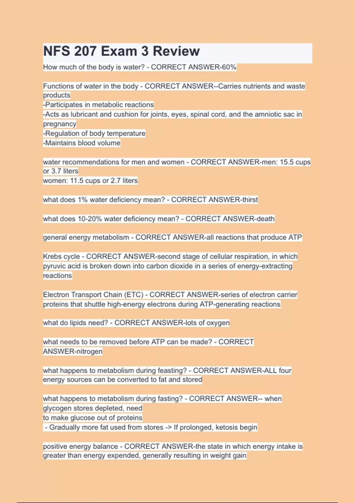 NFS 207 Exam 3 Review Questions with verified correct answers ...