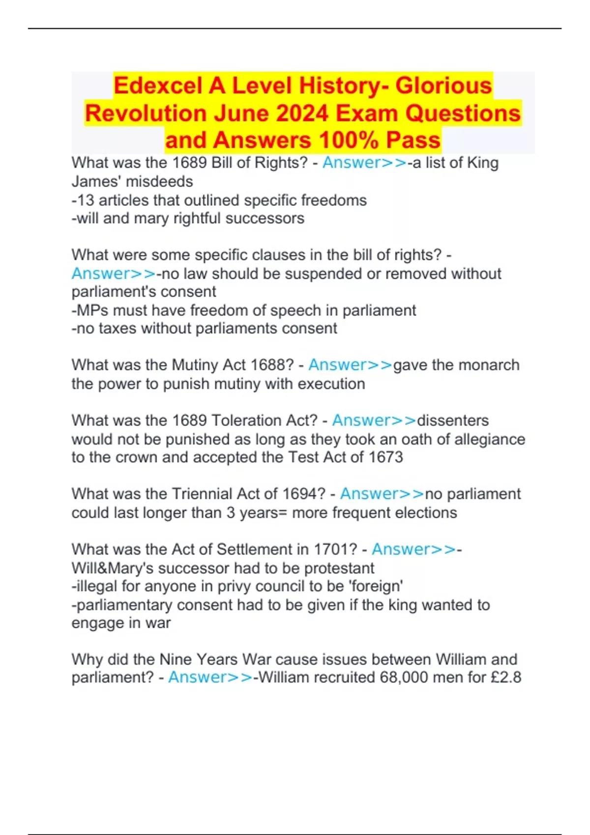 Edexcel A Level History- Glorious Revolution June 2024 Exam Questions ...
