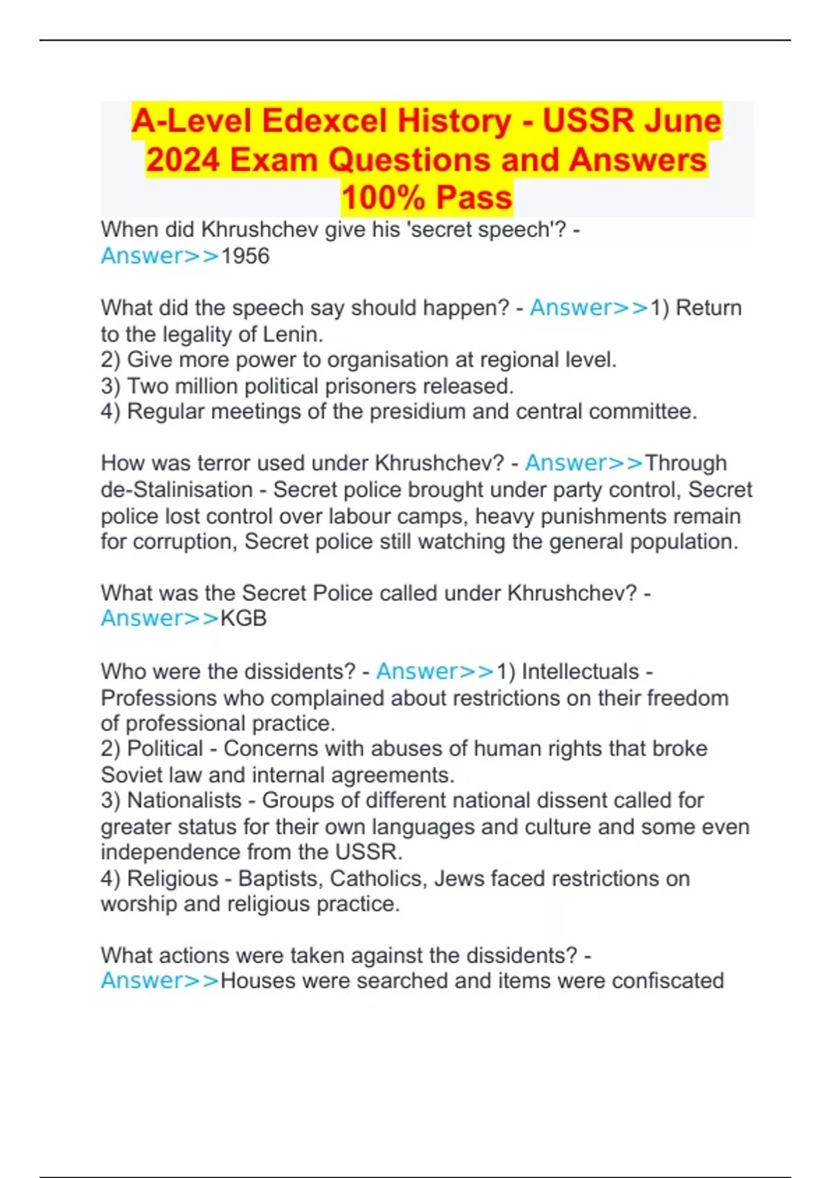 A-Level Edexcel History - USSR June 2024 Exam Questions and Answers 100 ...