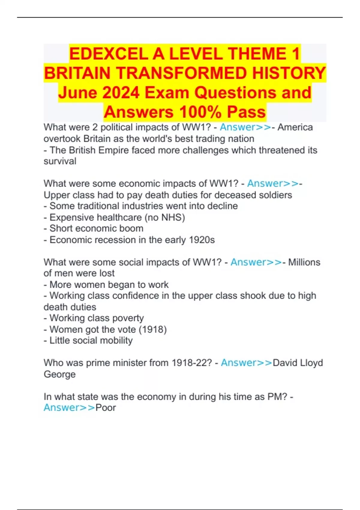 EDEXCEL A LEVEL THEME 1 BRITAIN TRANSFORMED HISTORY June 2024 Exam ...