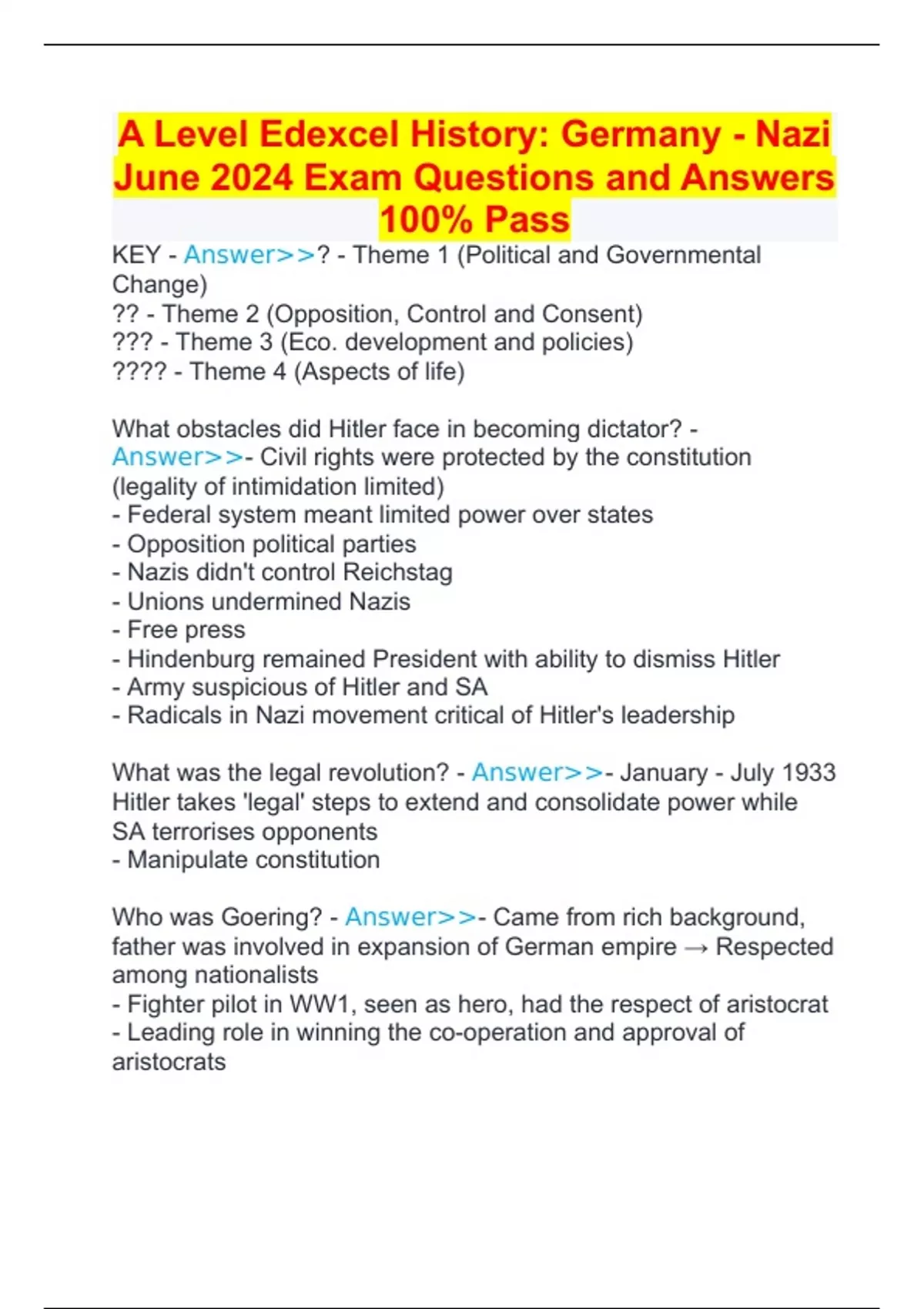 A Level Edexcel History: Germany - Nazi June 2024 Exam Questions and ...