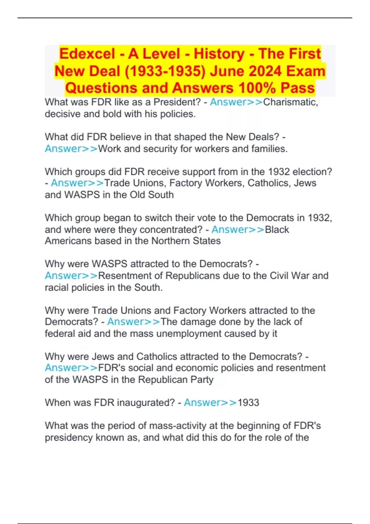 Edexcel - A Level - History - The First New Deal () June 2024 Exam ...
