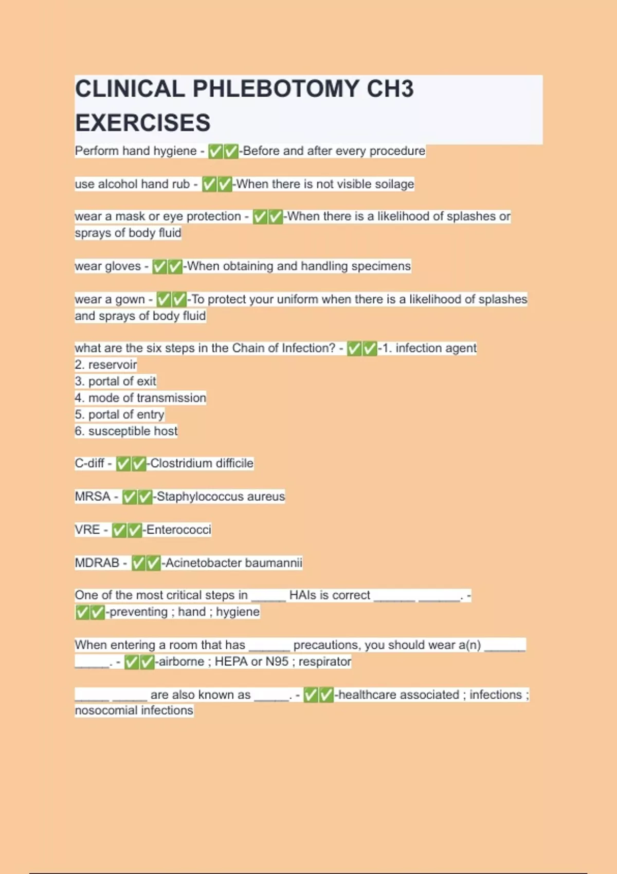 CLINICAL PHLEBOTOMY CH3 EXERCISES Questions with verified correct answers - complete solution ...