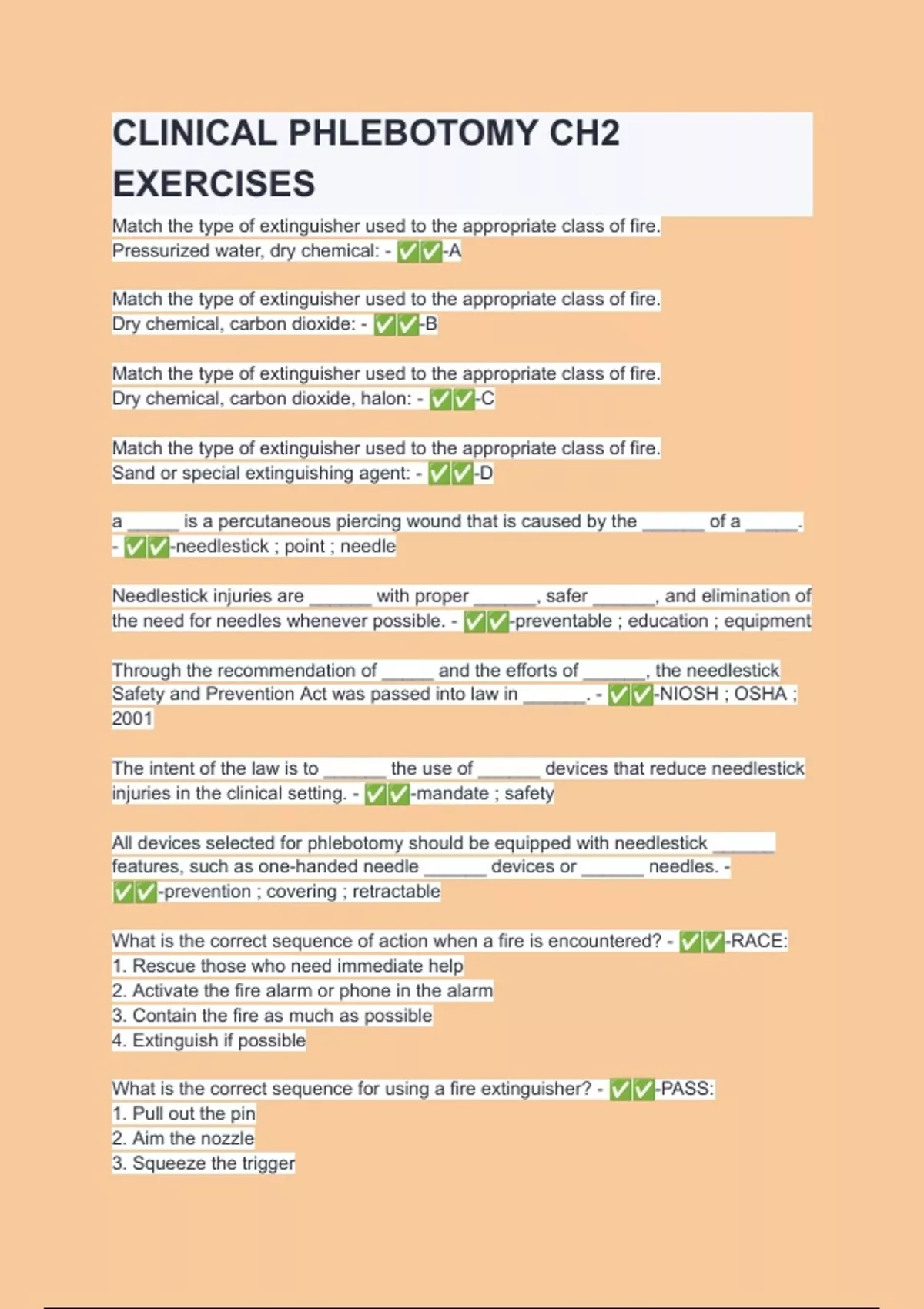 CLINICAL PHLEBOTOMY CH2 EXERCISES Questions with verified correct answers - complete solution ...