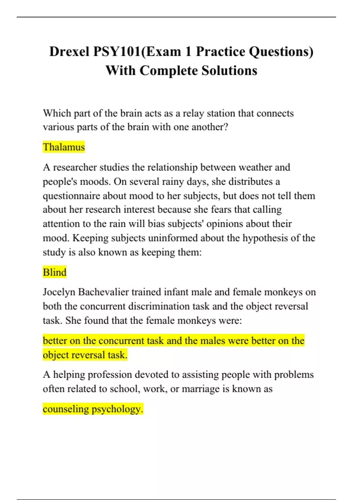 Drexel PSY101(Exam 1 Practice Questions) With Complete Solutions - PSY101 - Stuvia US