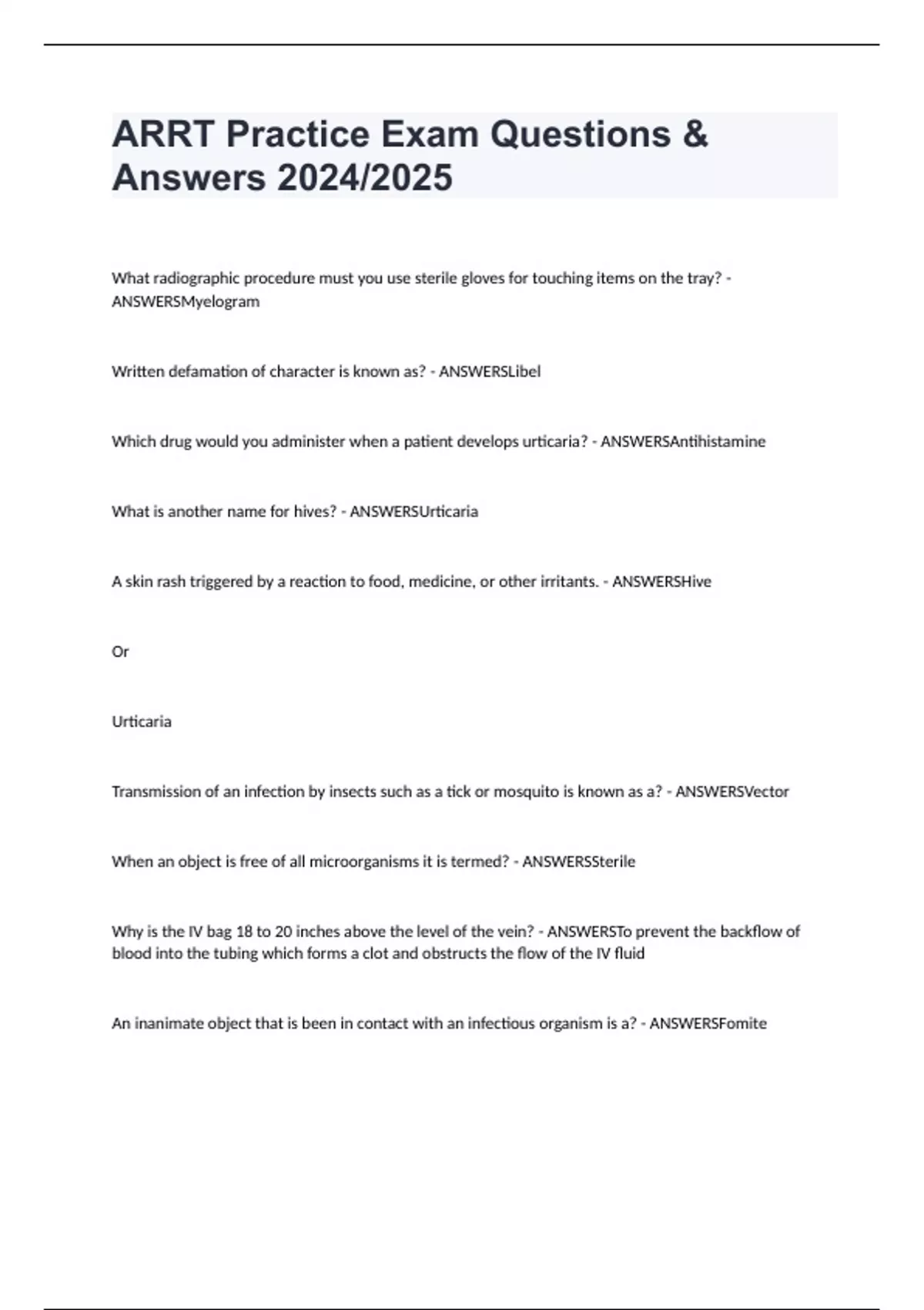 ARRT Practice Exam Questions & Answers 2024/2025 - ARRT Practice - Stuvia US