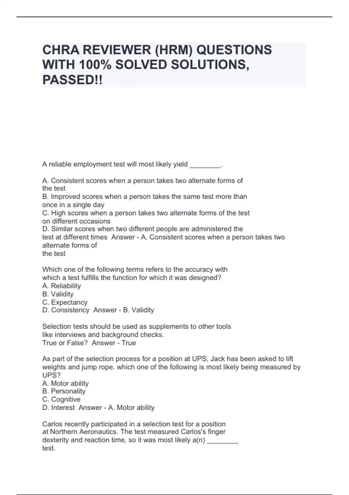 CHRA REVIEWER (HRM) QUESTIONS WITH 100% SOLVED SOLUTIONS, PASSED ...