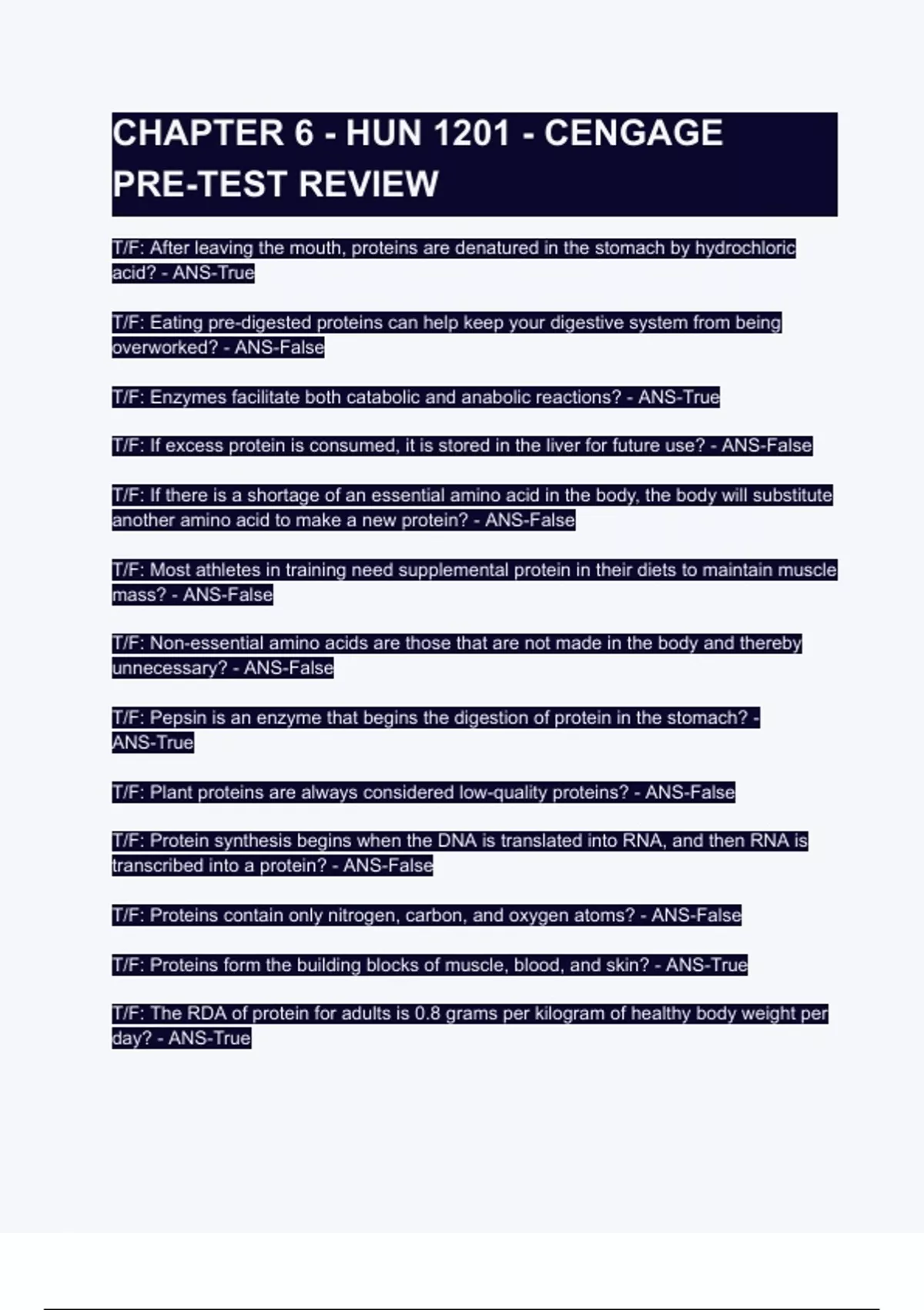 CHAPTER 6 - HUN 1201 - CENGAGE PRE-TEST REVIEW. - NCSU BIO 183 - Stuvia US