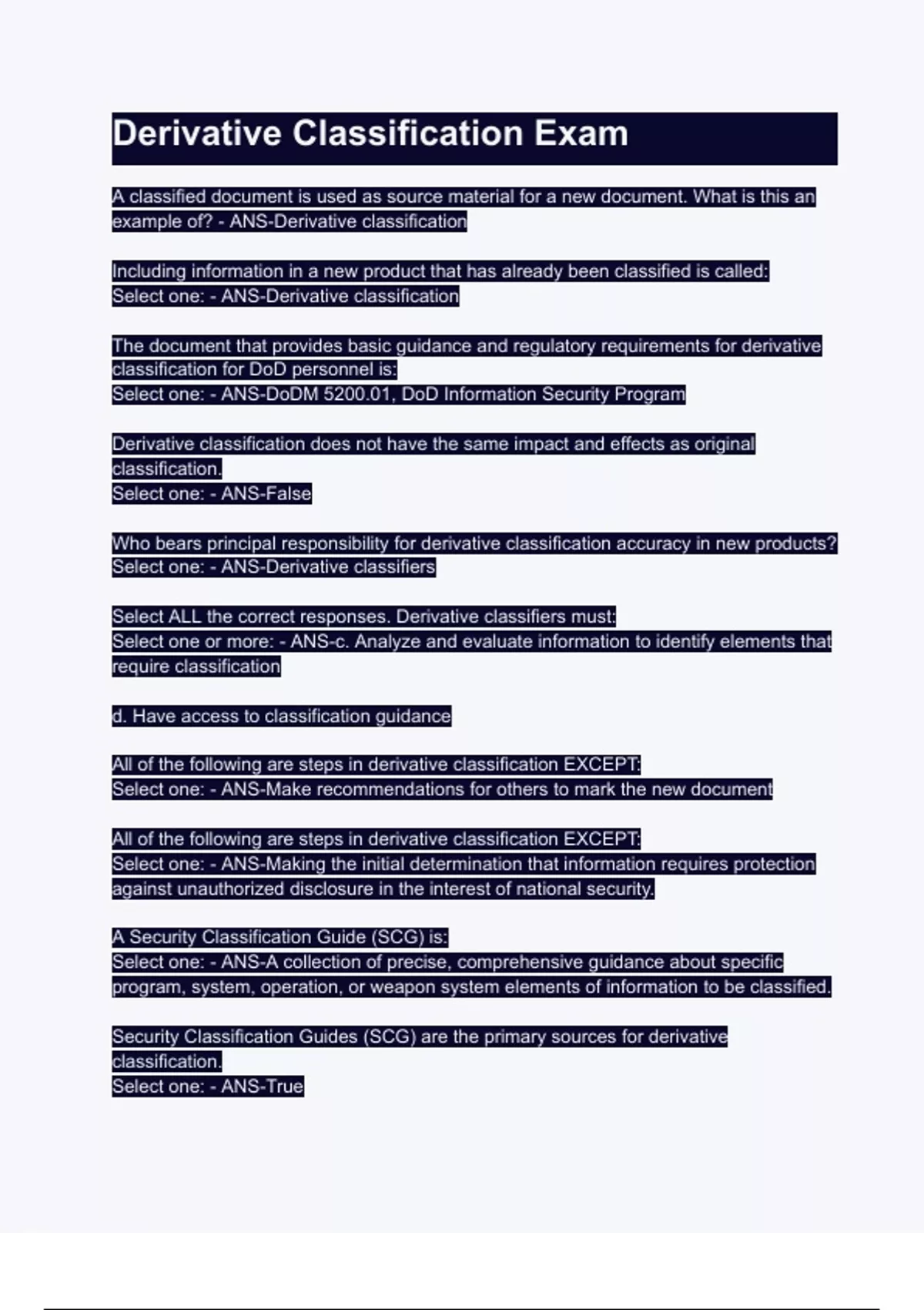 Derivative Classification Exam Questions With 100 Actual Correct Answers Verified Latest