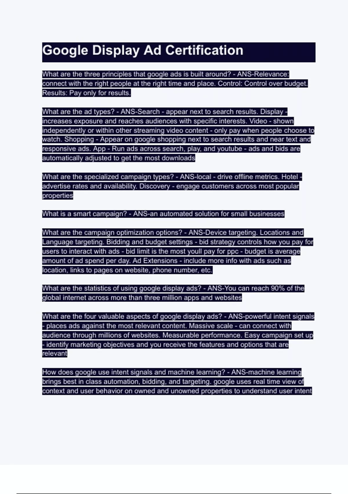 Google Display Ad Certification Questions with 100% Actual correct ...