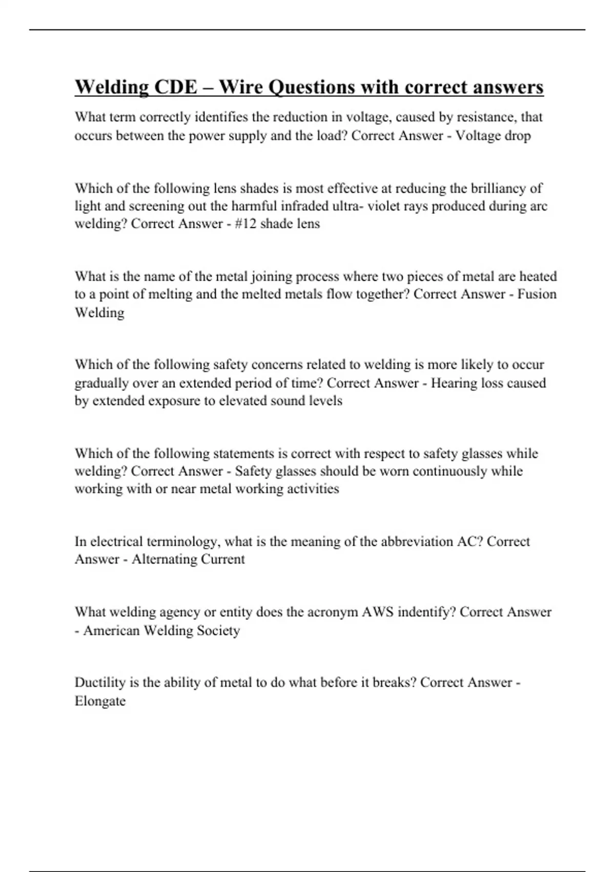 Welding CDE – Wire Questions with correct answers - Welding - Stuvia US