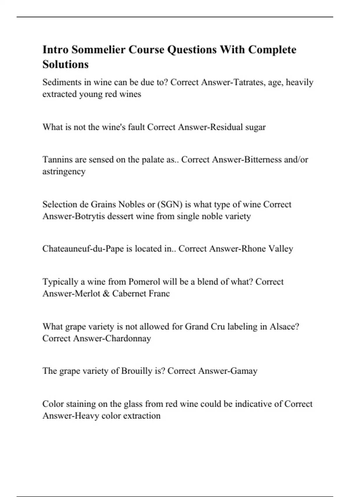 Intro Sommelier Course Questions With Complete Solutions - MS - Master ...