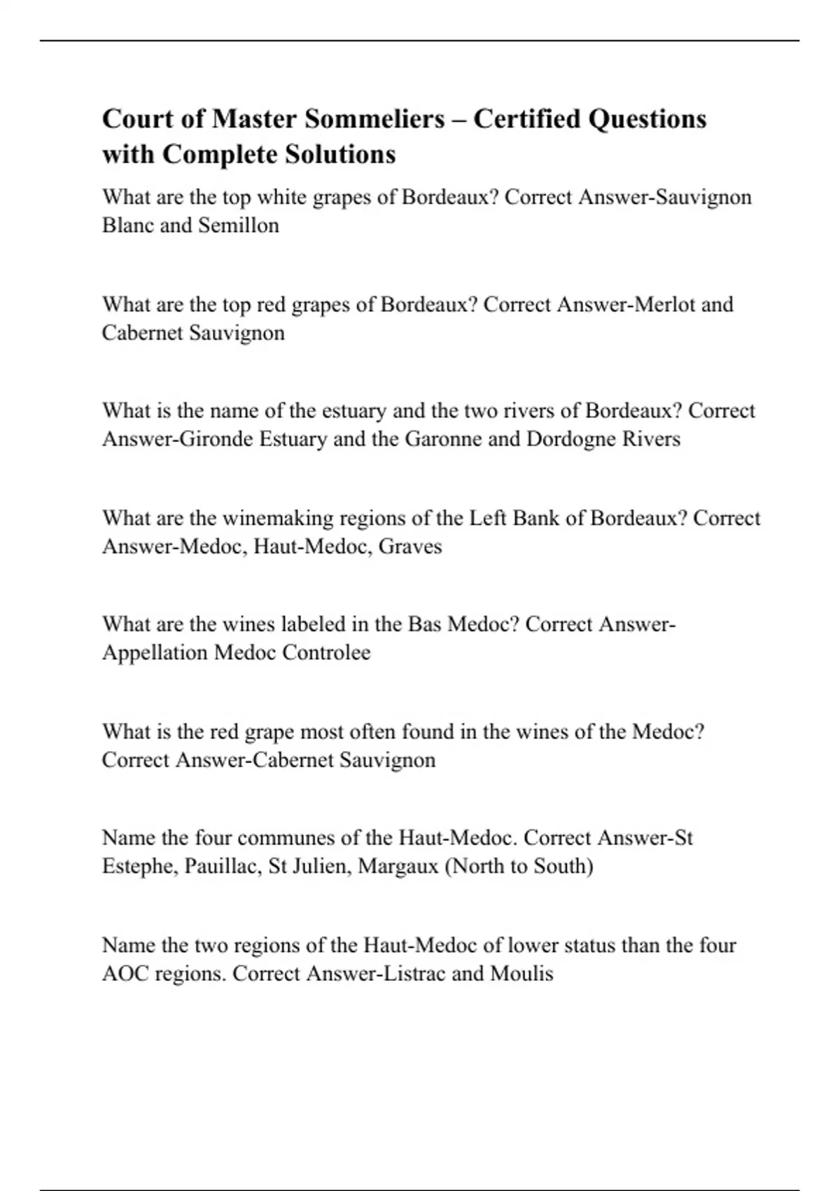Court of Master Sommeliers – Certified Questions with Complete ...