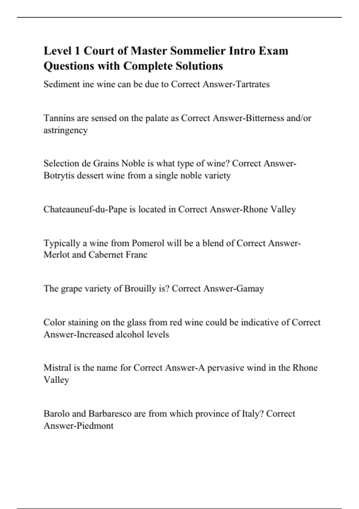 Level 1 Court of Master Sommelier Intro Exam Questions with Complete ...