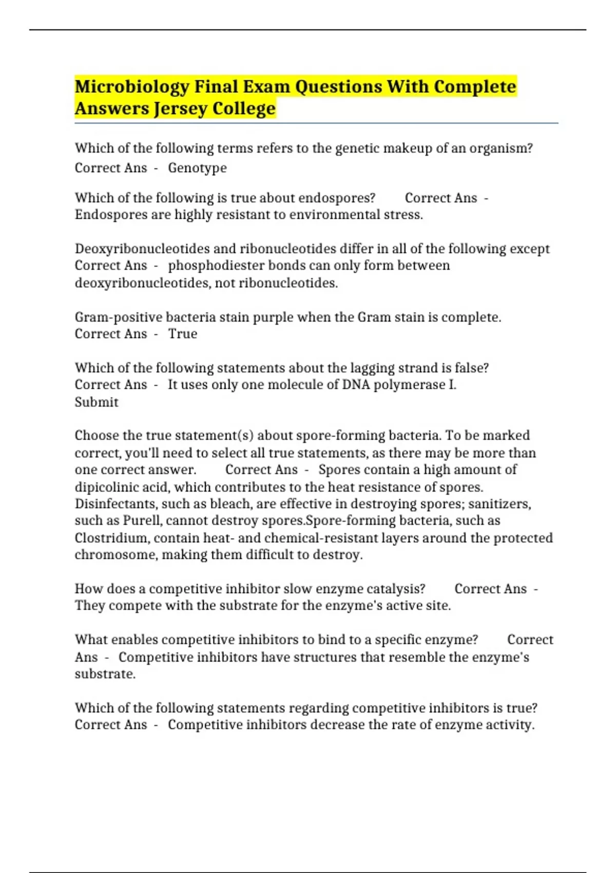 Microbiology Final Exam Questions With Complete Answers Jersey College - Microbiology - Stuvia US