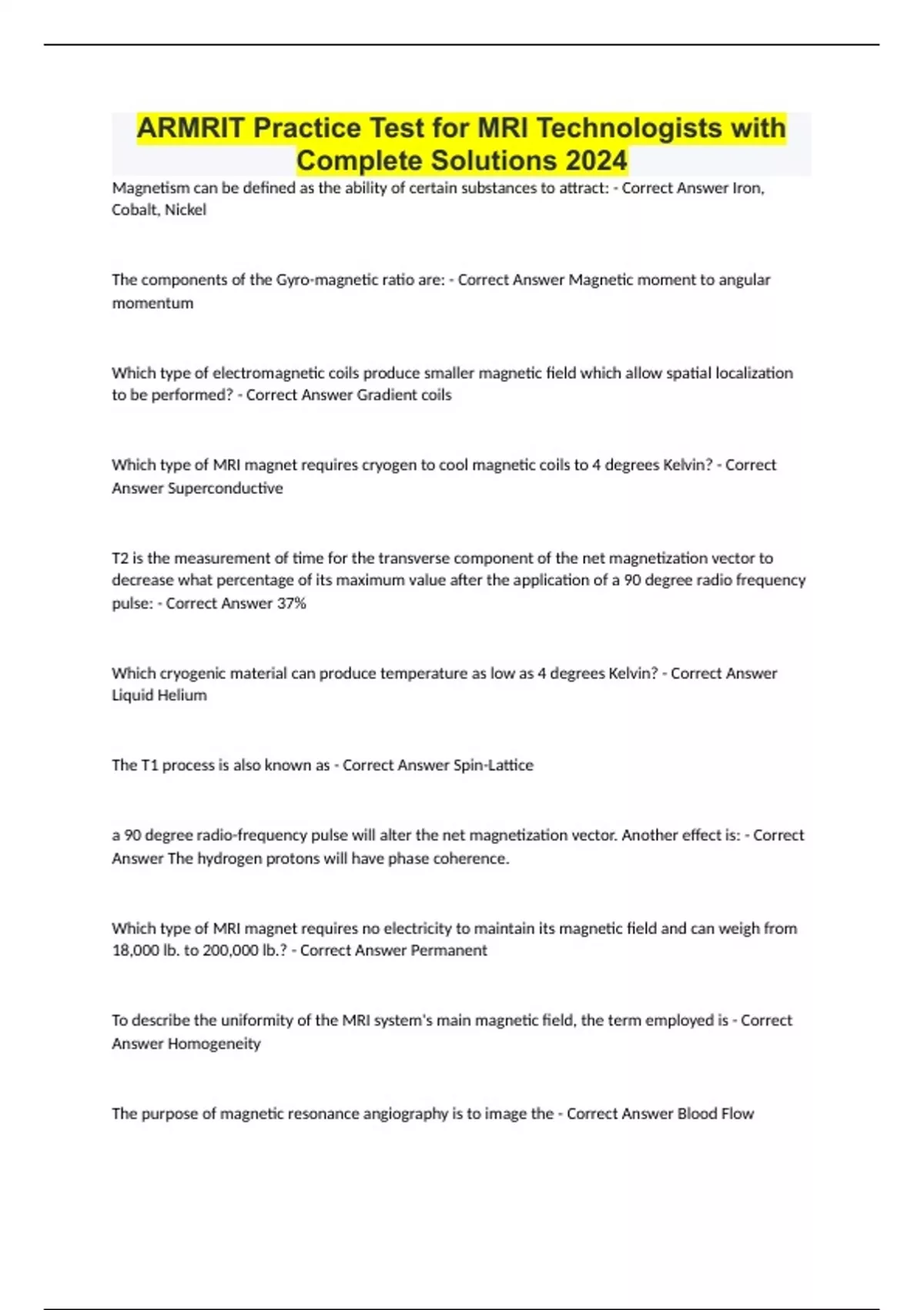 ARMRIT Practice Test for MRI Technologists with Complete Solutions 2024 ...