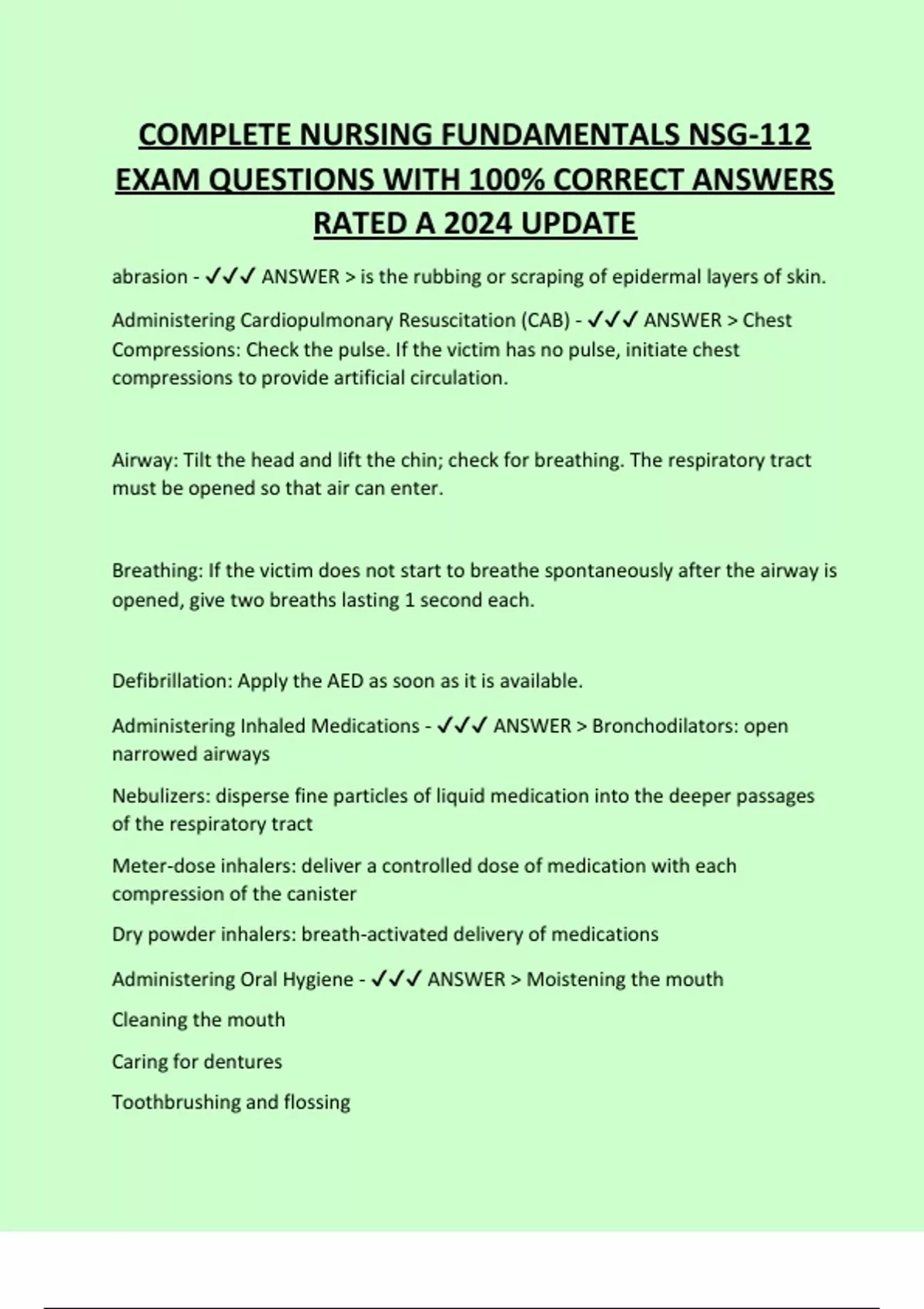 NURSING FUNDAMENTALS NSG-112 EXAM QUESTIONS WITH 100% CORRECT ANSWERS ...