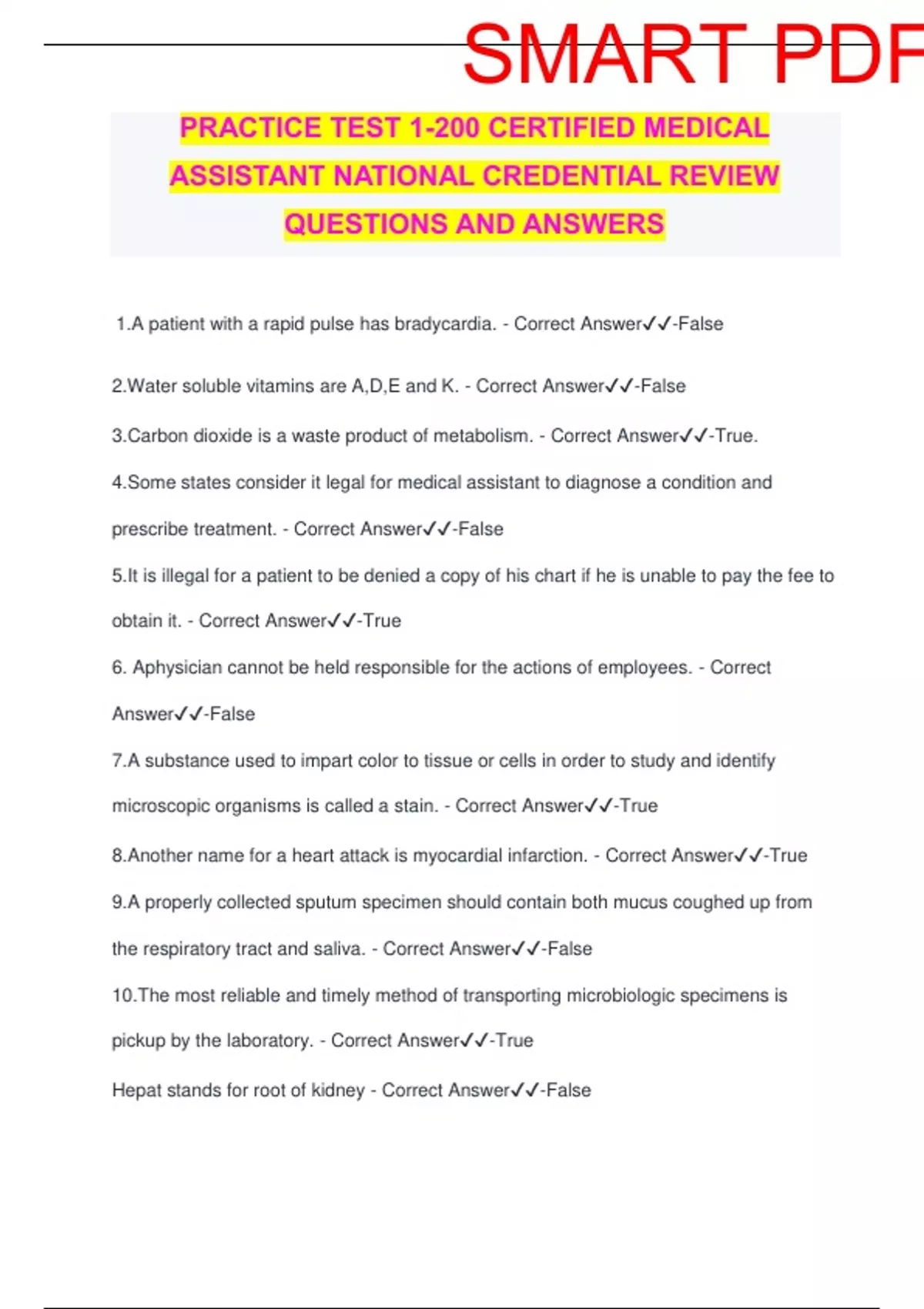 PRACTICE TEST 1-200 CERTIFIED MEDICAL ASSISTANT NATIONAL CREDENTIAL ...