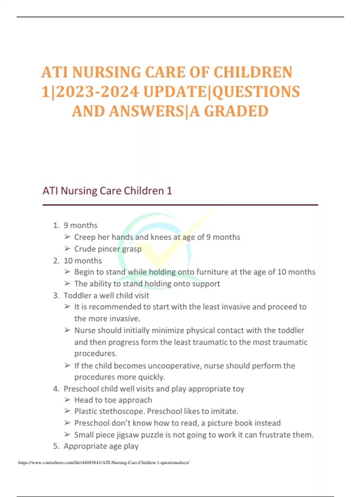 ATI NURSING CARE OF CHILDREN 1| UPDATE|QUESTIONS AND ANSWERS|A GRADED ...