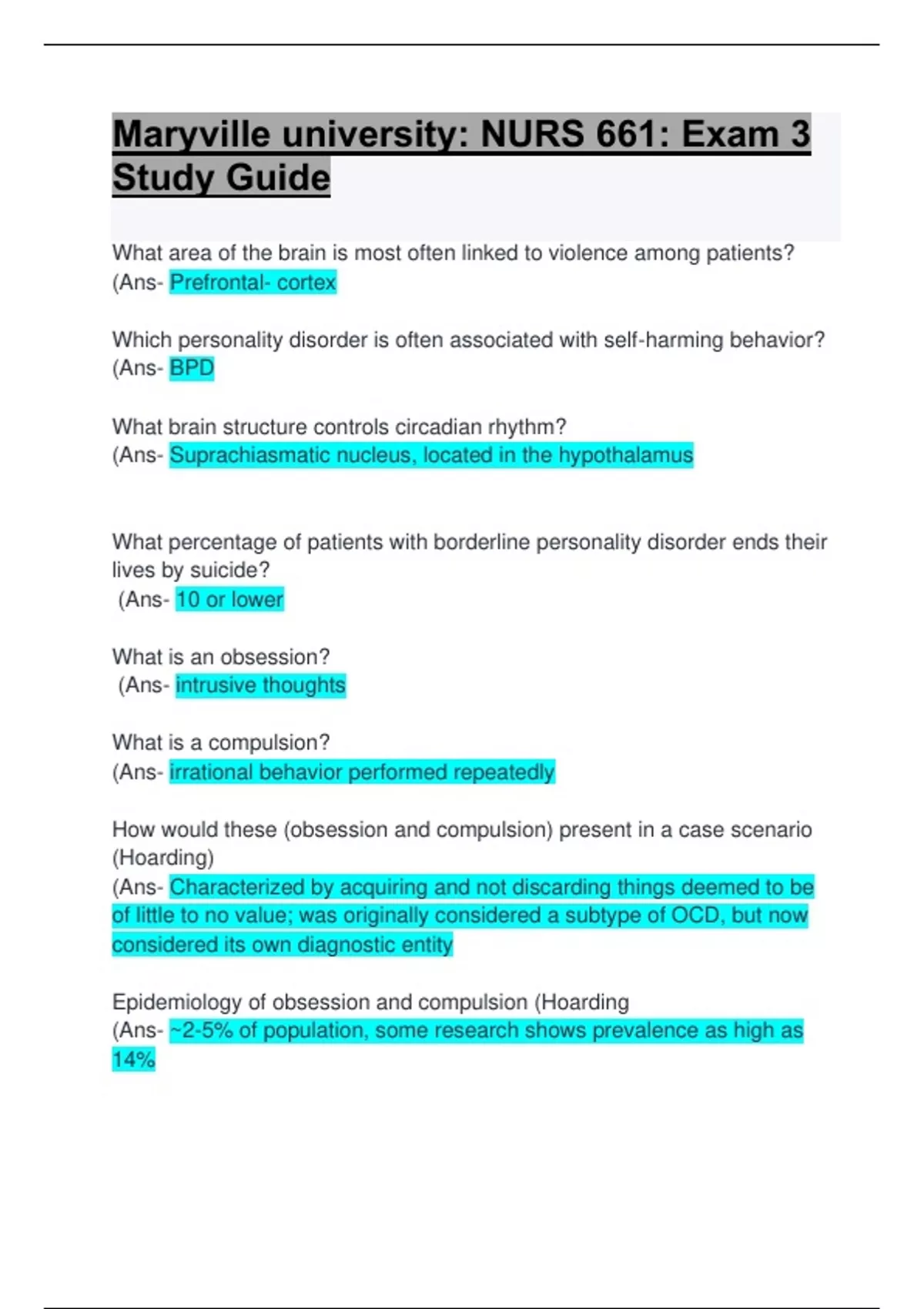 NURS 661: Exam 3 Study Guide: Updated A+ Guide:Questions & Answers(Maryville university) - NURS ...