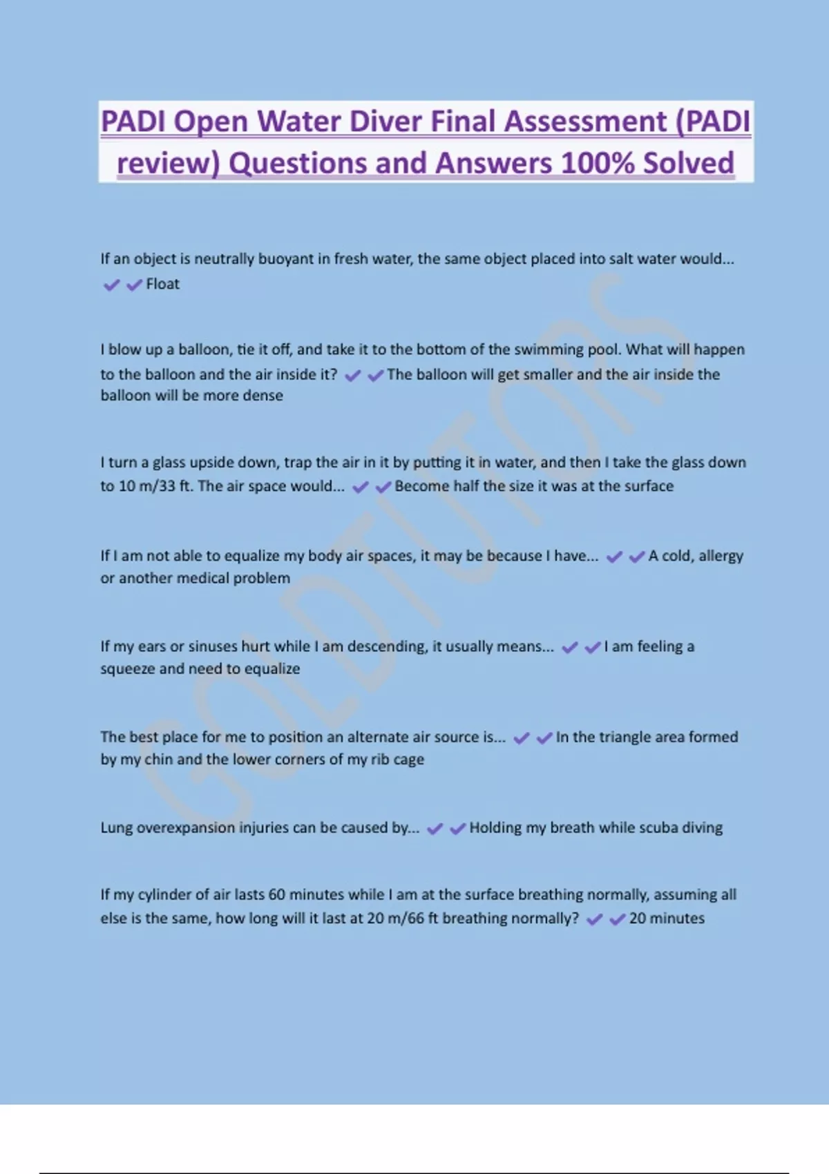 PADI Open Water Diver Final Assessment (PADI review) Questions and ...