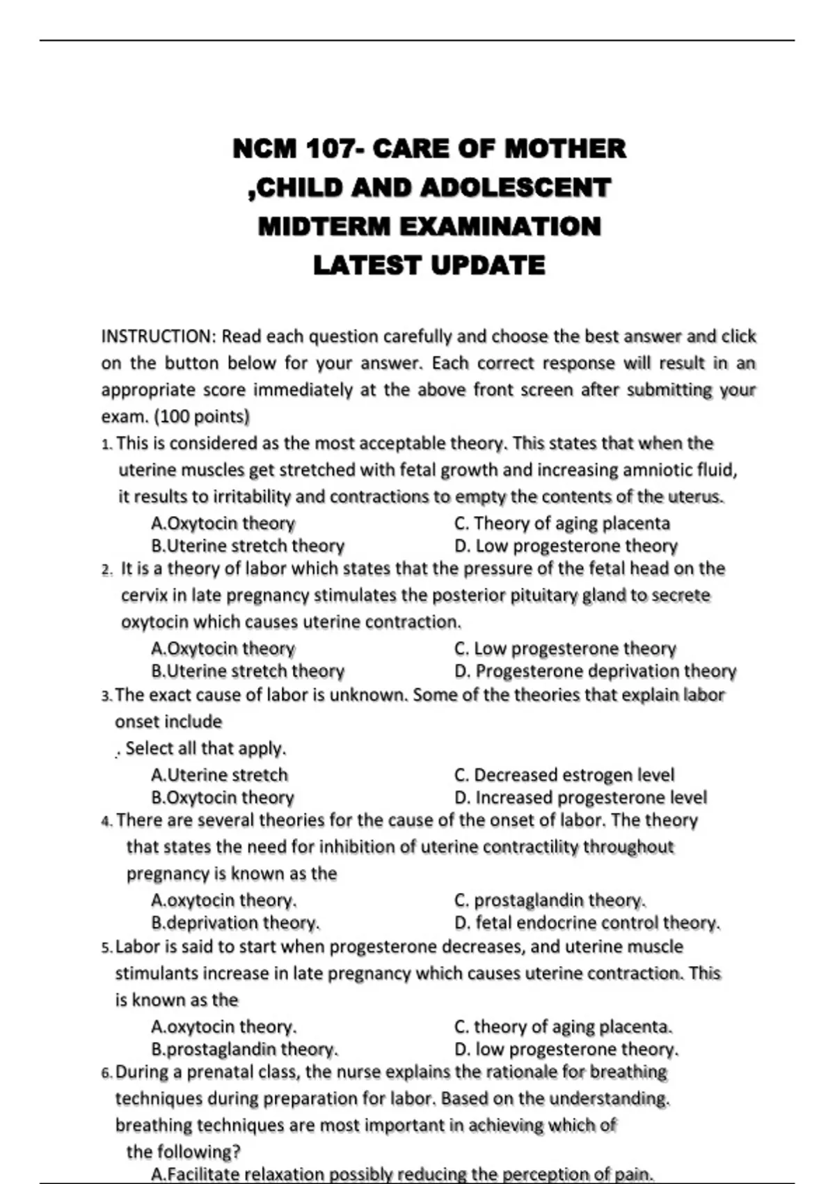 NCM 107 /NCM107 PACKAGED EXAMS WITH COMPLETE QUESTIONS AND ANSWERS - Stuvia US
