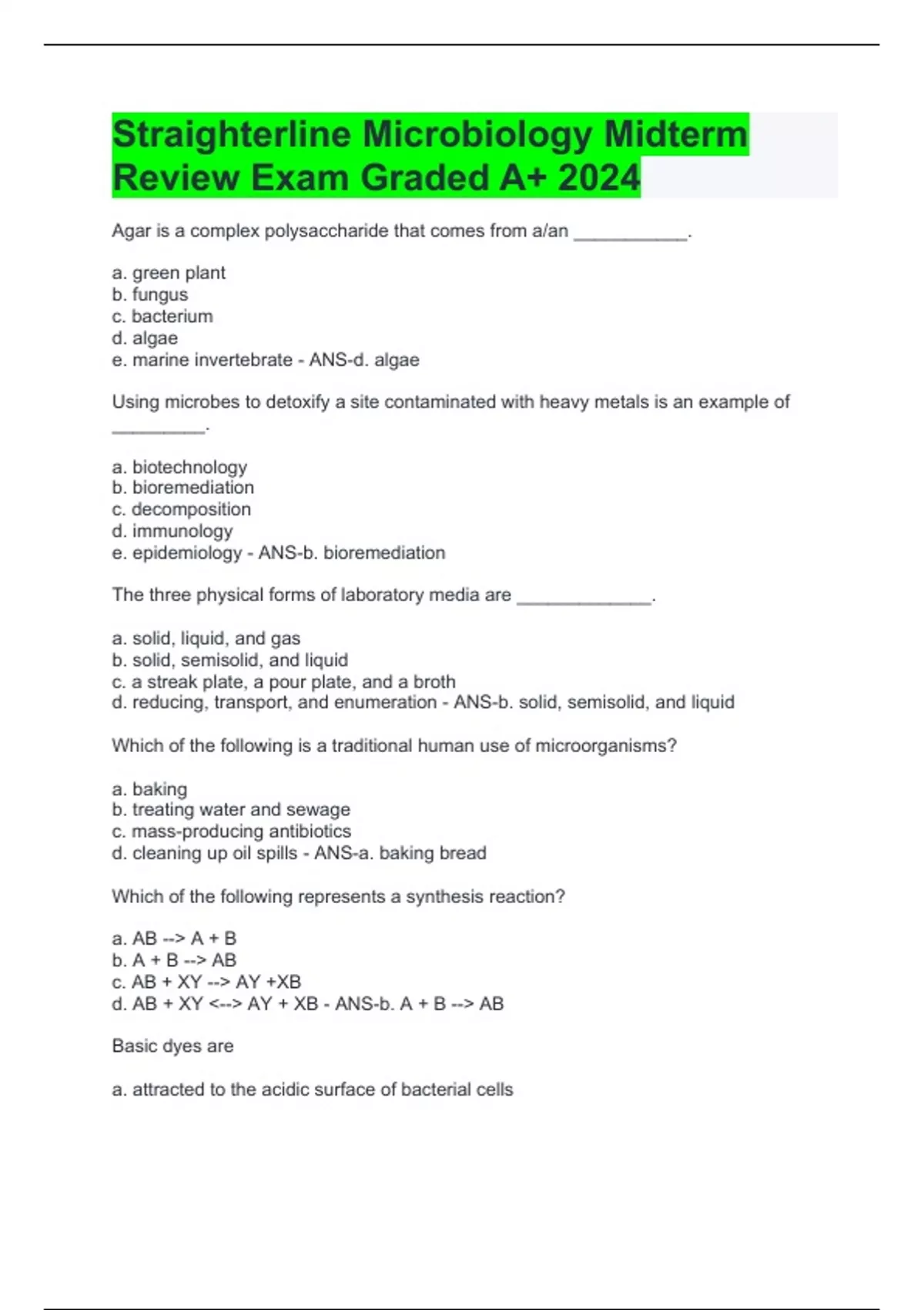 Straighterline Microbiology Midterm Review Exam Graded A+ 2024 ...