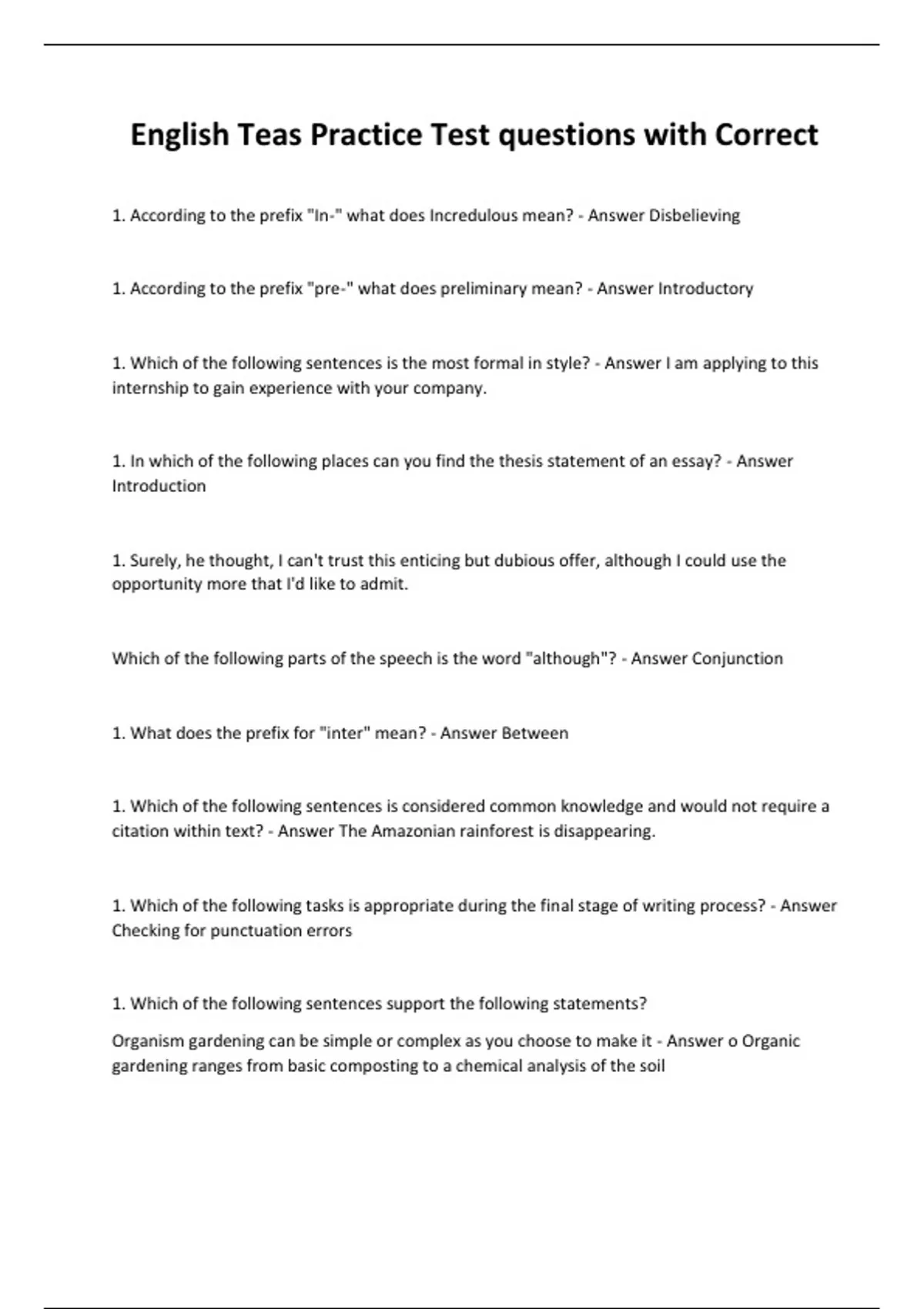 English Teas Practice Test questions with Correct - Teas - Stuvia US