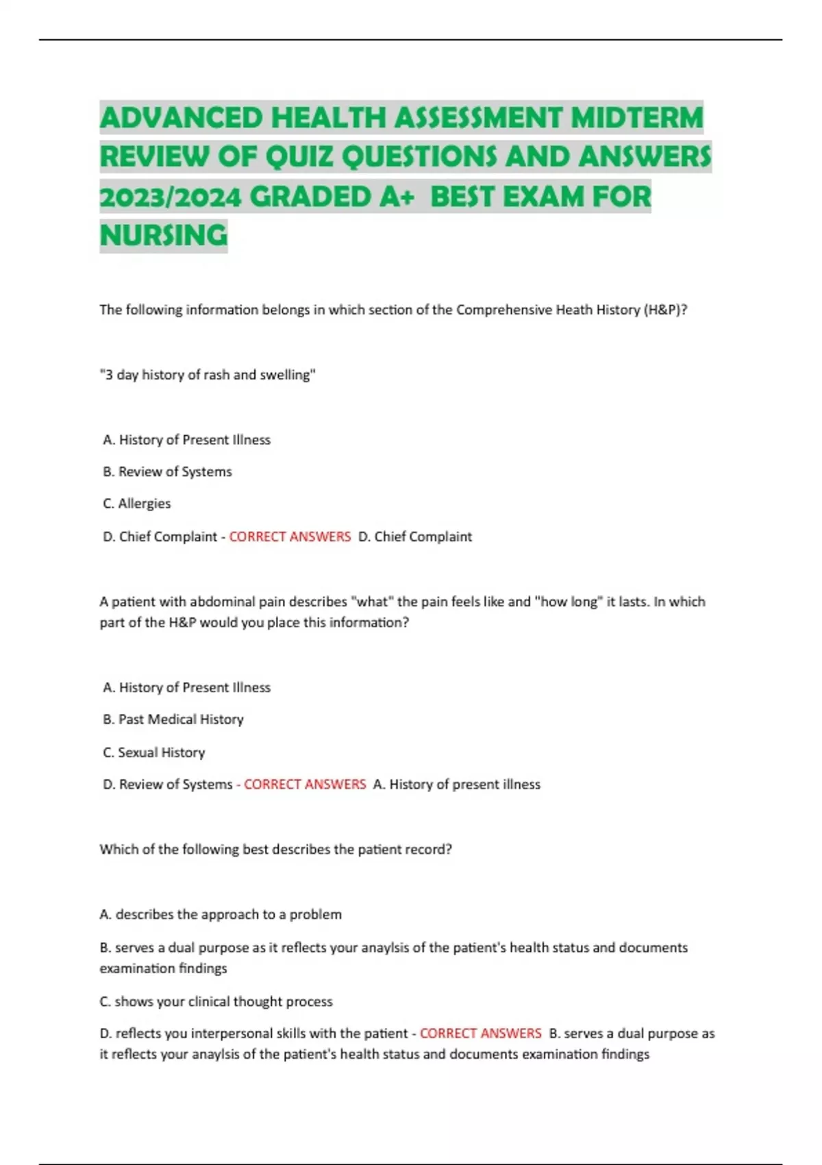 ADVANCED HEALTH ASSESSMENT MIDTERM REVIEW OF QUIZ QUESTIONS AND ANSWERS ...
