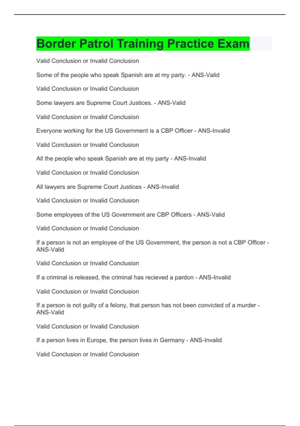 Border Patrol Training Practice Exam - Border Patrol Training - Stuvia US