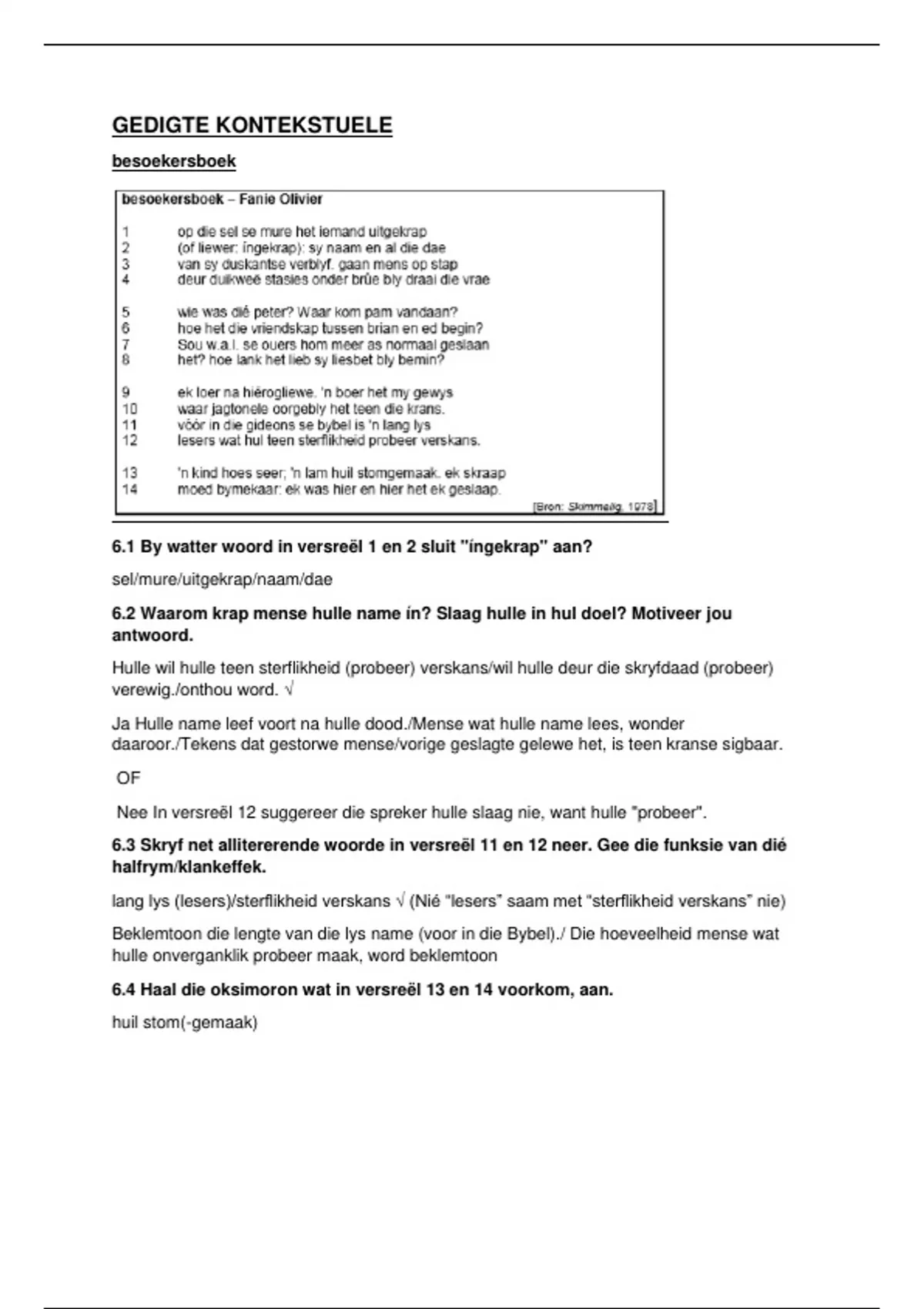 GR12 AFRIKAANS GEDIGTE VRAE & ANTWOORDE - Afrikaans Home Language ...