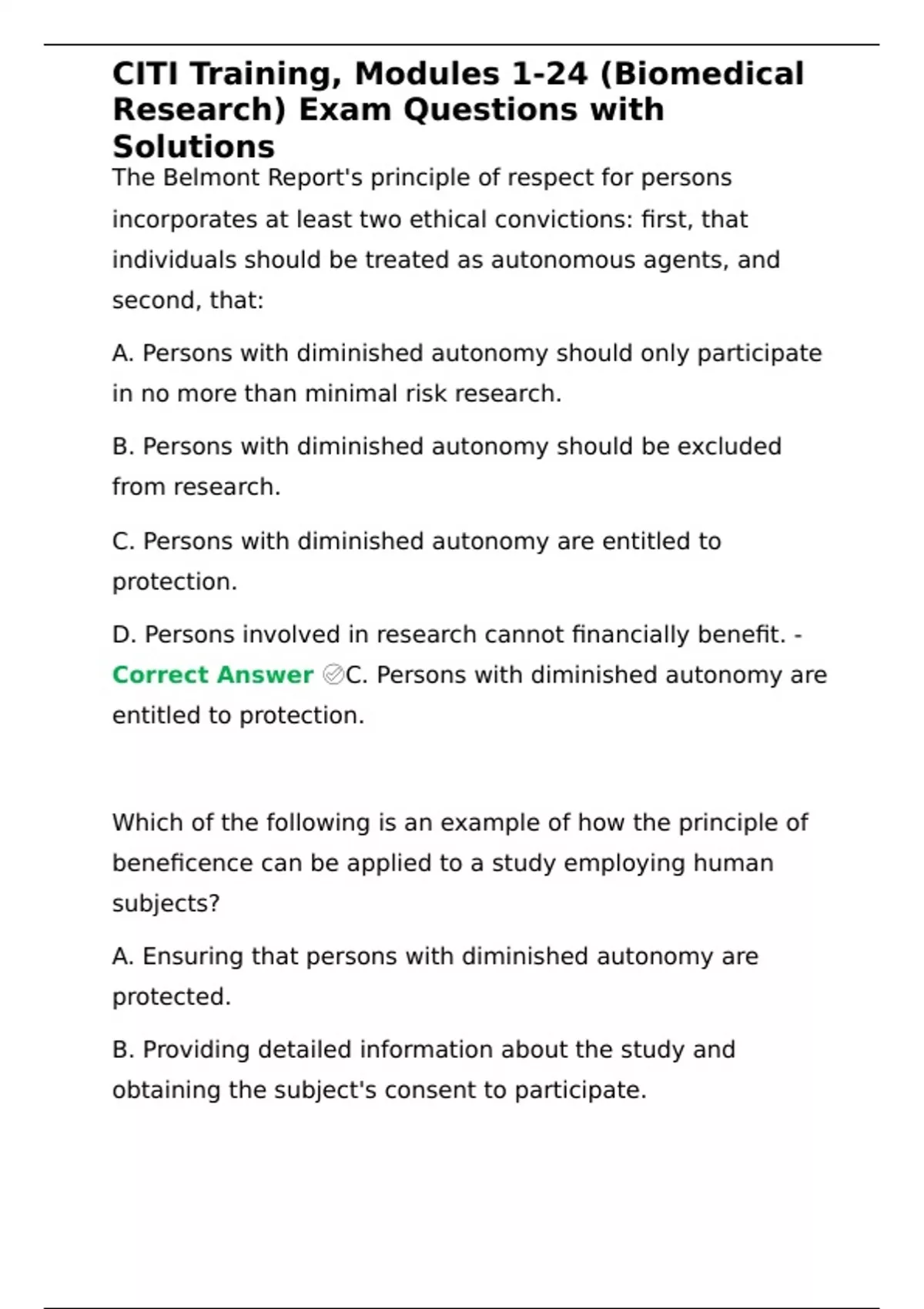 CITI Training, Modules 1-24 (Biomedical Research) Exam Questions with ...