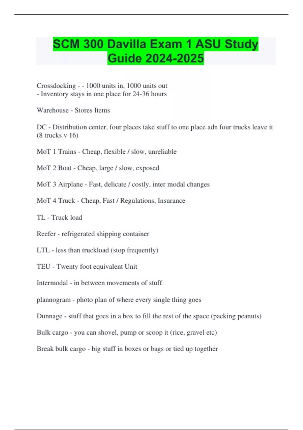 SCM 300 Davilla Exam 1 ASU Study Guide - SCM - Stuvia US