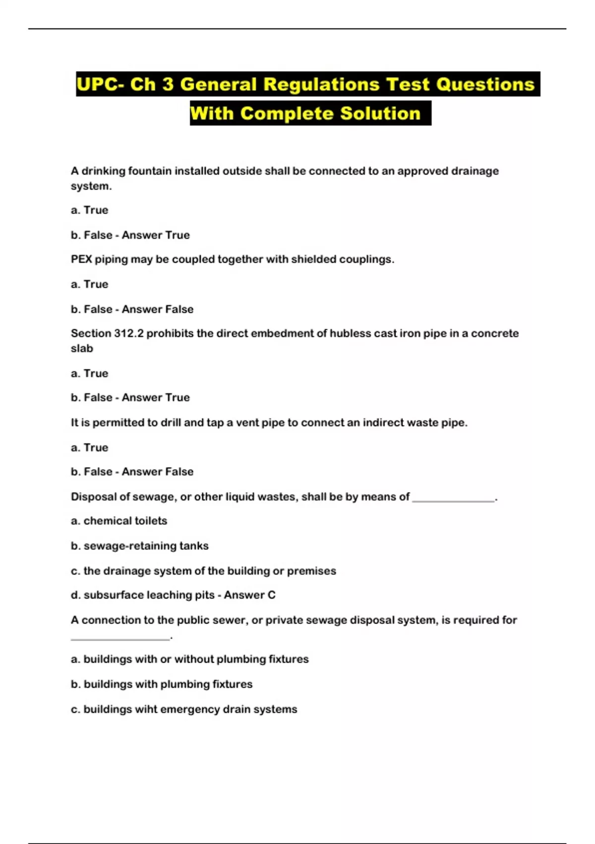 UPC- Ch 3 General Regulations Test Questions With Complete Solution ...