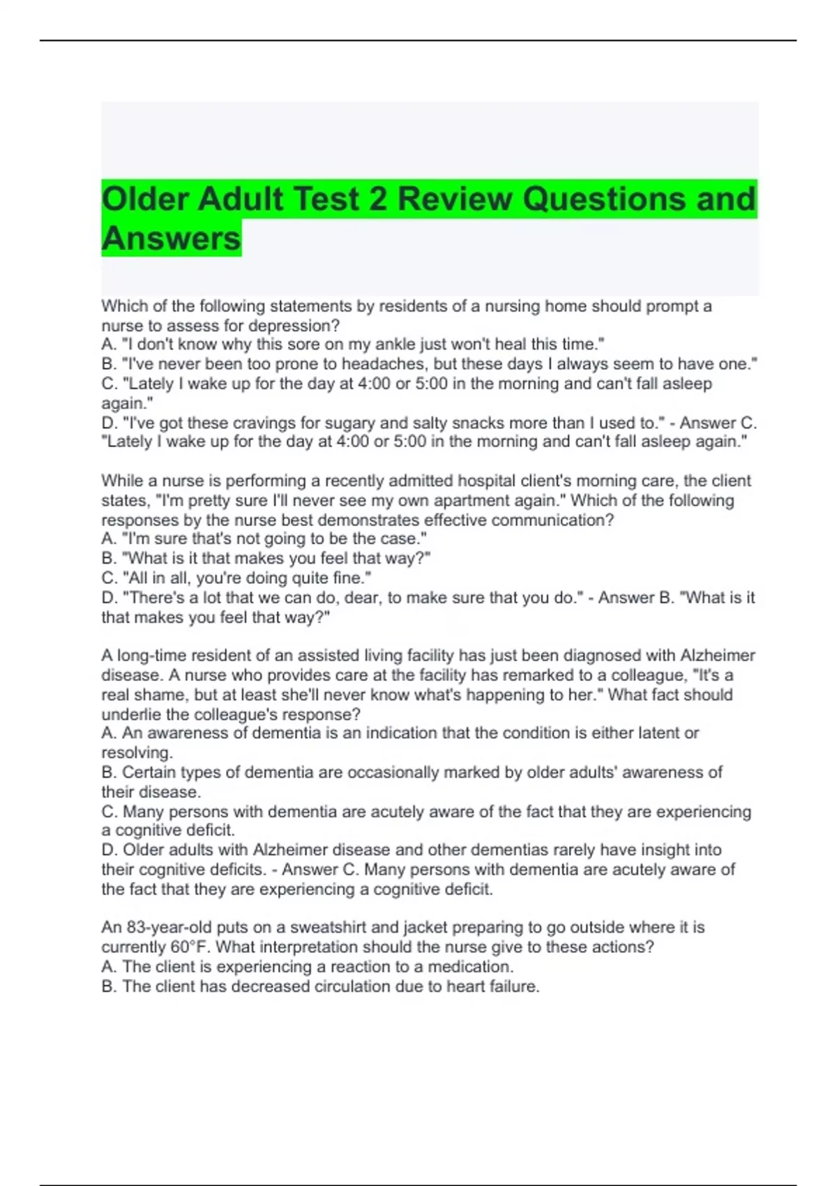 Older Adult Test 2 Review Questions and Answers 2024 - Older Adult ...