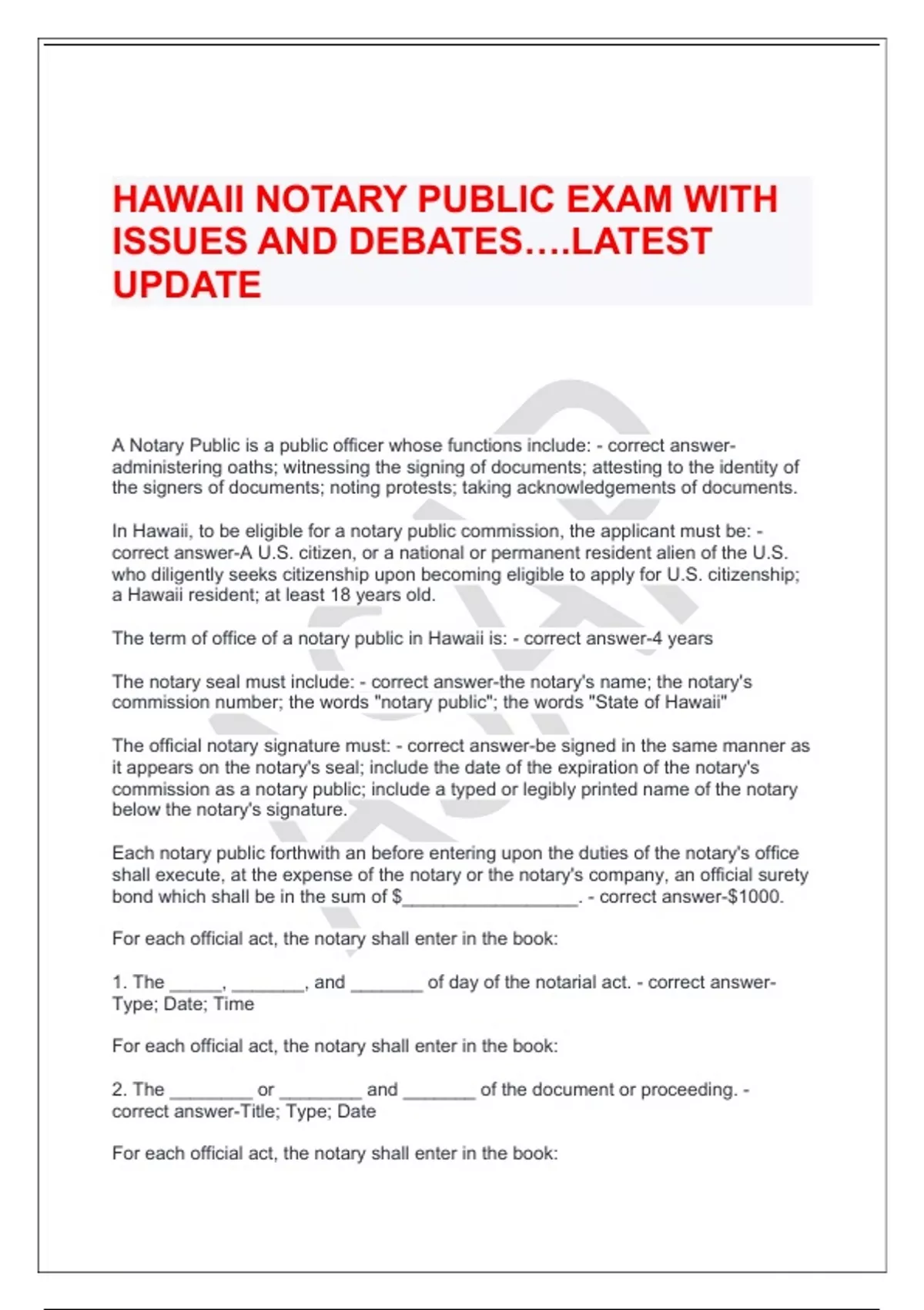 HAWAII NOTARY PUBLIC EXAM WITH ISSUES AND DEBATES….LATEST UPDATE ...