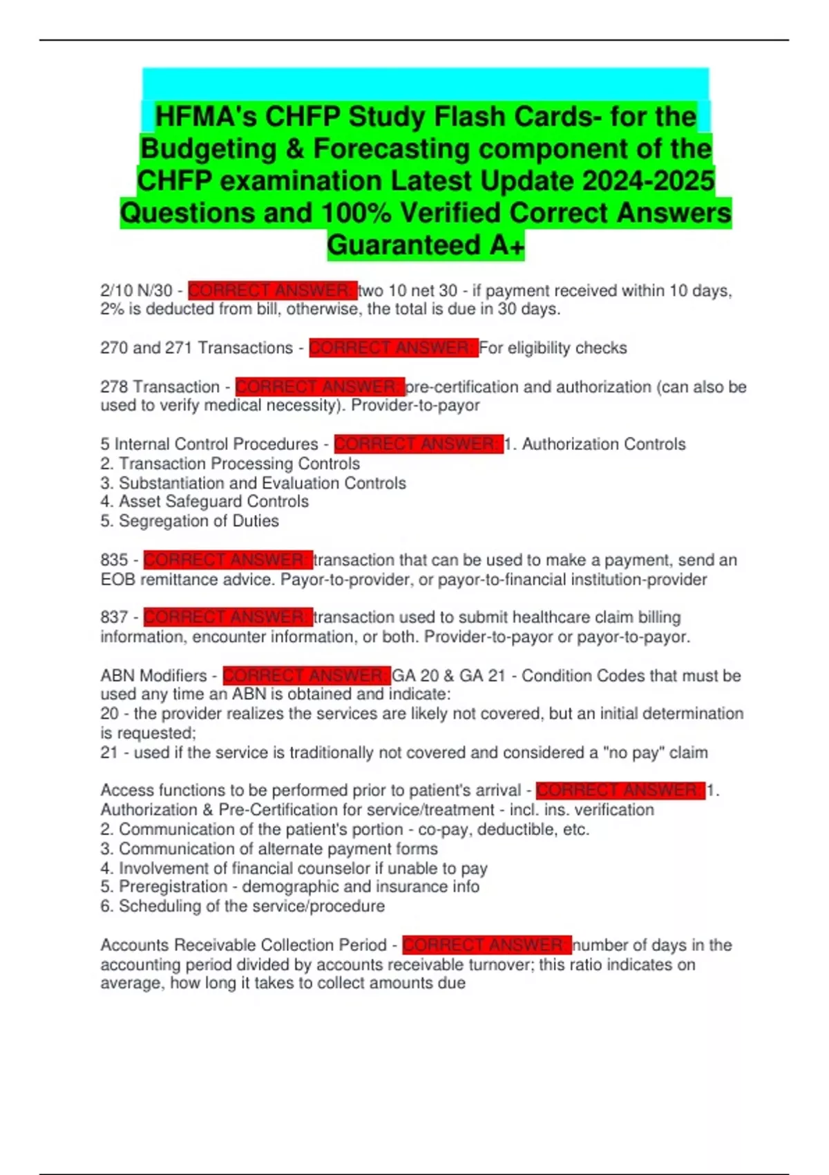 HFMA's CHFP Study Flash Cards- for the Budgeting & Forecasting component of the CHFP examination ...