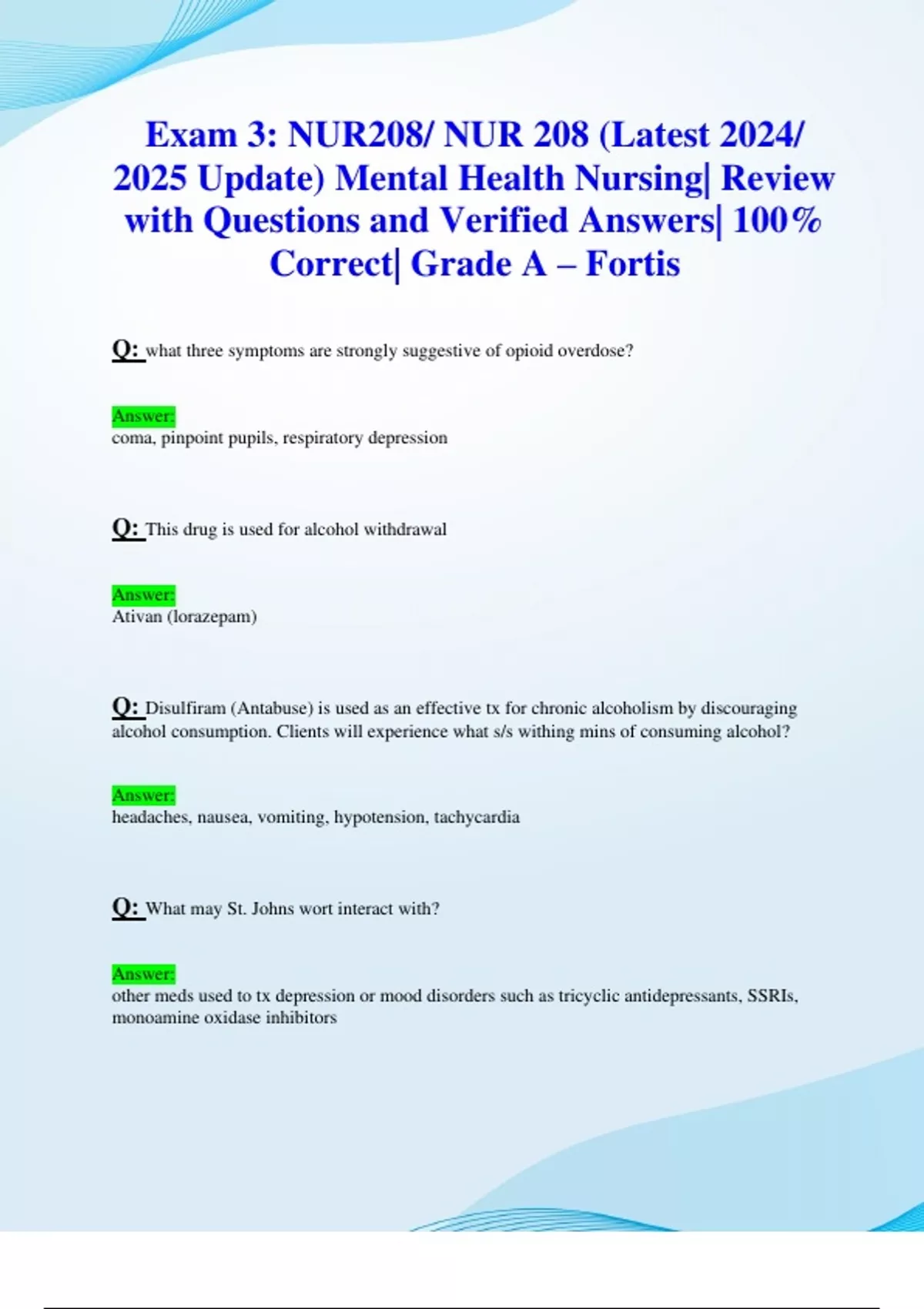 Exam 3: NUR208/ NUR 208 (Latest 2024/ 2025 Update) Mental Health ...