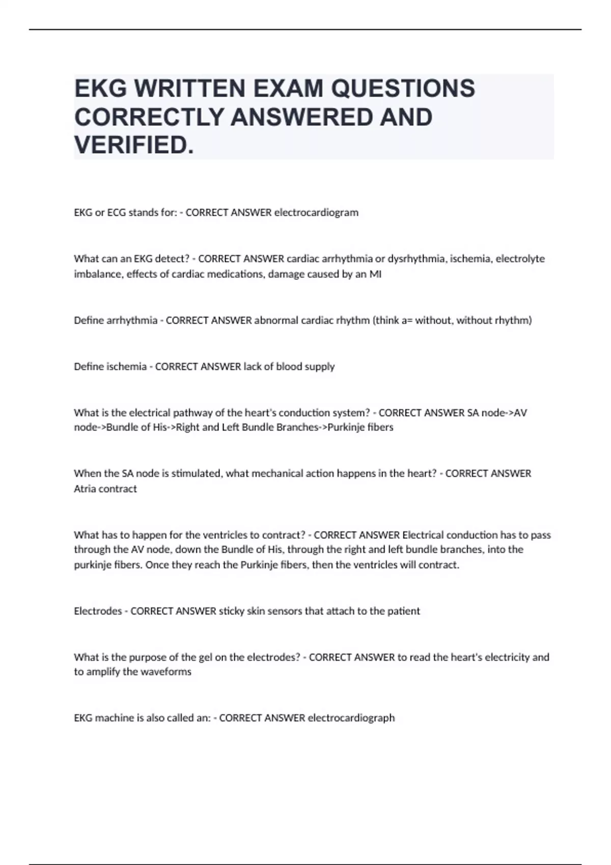 EKG WRITTEN EXAM QUESTIONS CORRECTLY ANSWERED AND VERIFIED. - Ekg ...