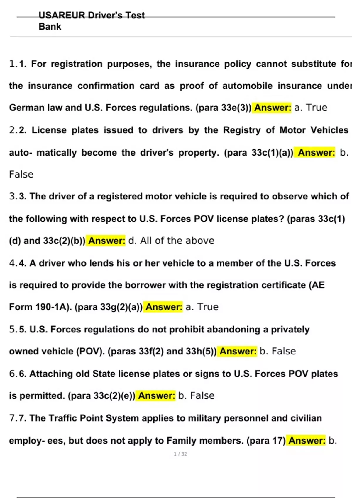 Usareur Driver S Test Bank Questions And Complete Solutions Usareur