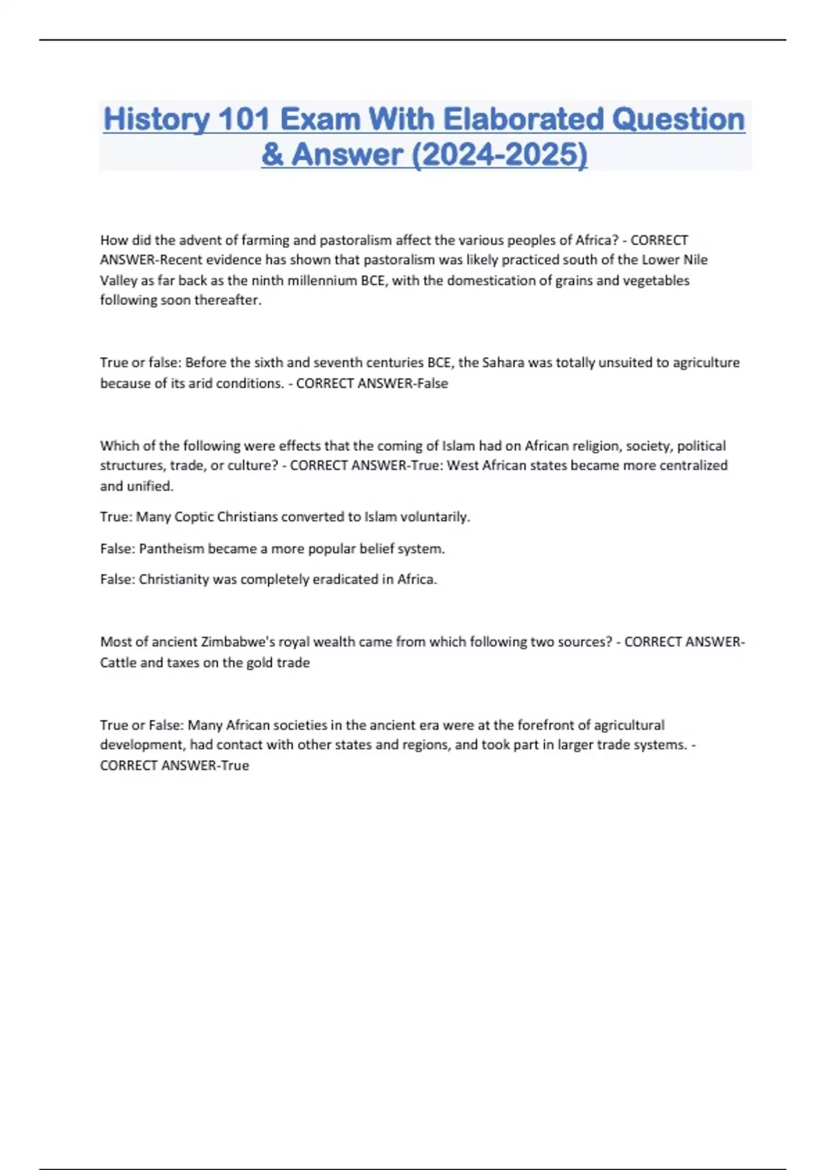 History 101 Exam With Elaborated Question & Answer () - History 101 ...