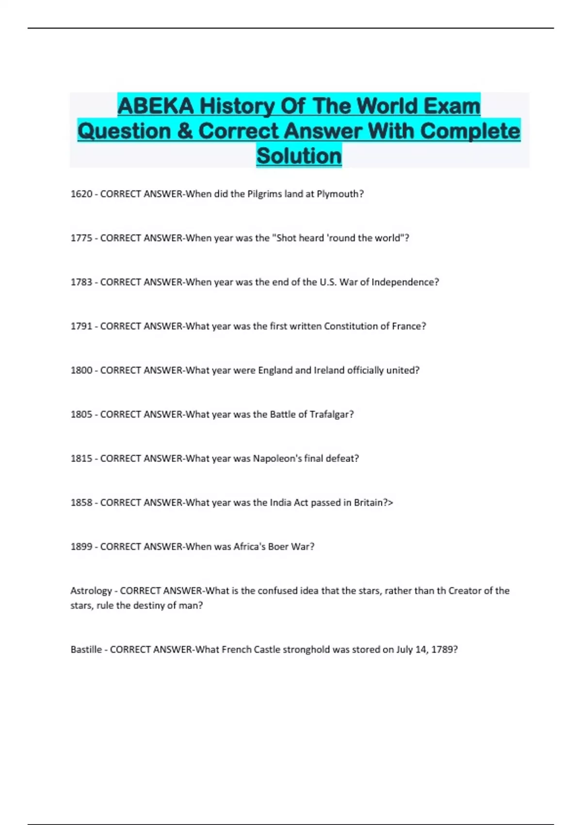 ABEKA History Of The World Exam Question & Correct Answer With Complete ...