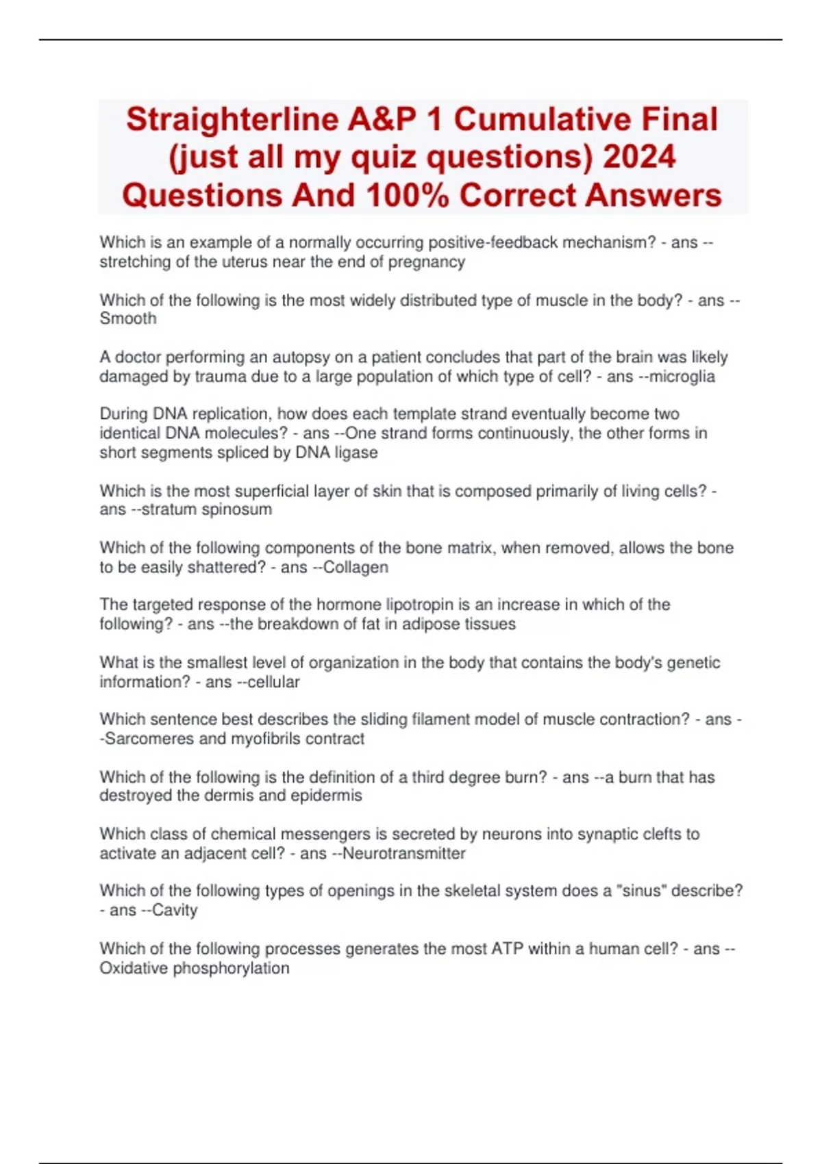 Straighterline A and P 2 Cum. Exam 2024/2025 Questions And Answers A ...