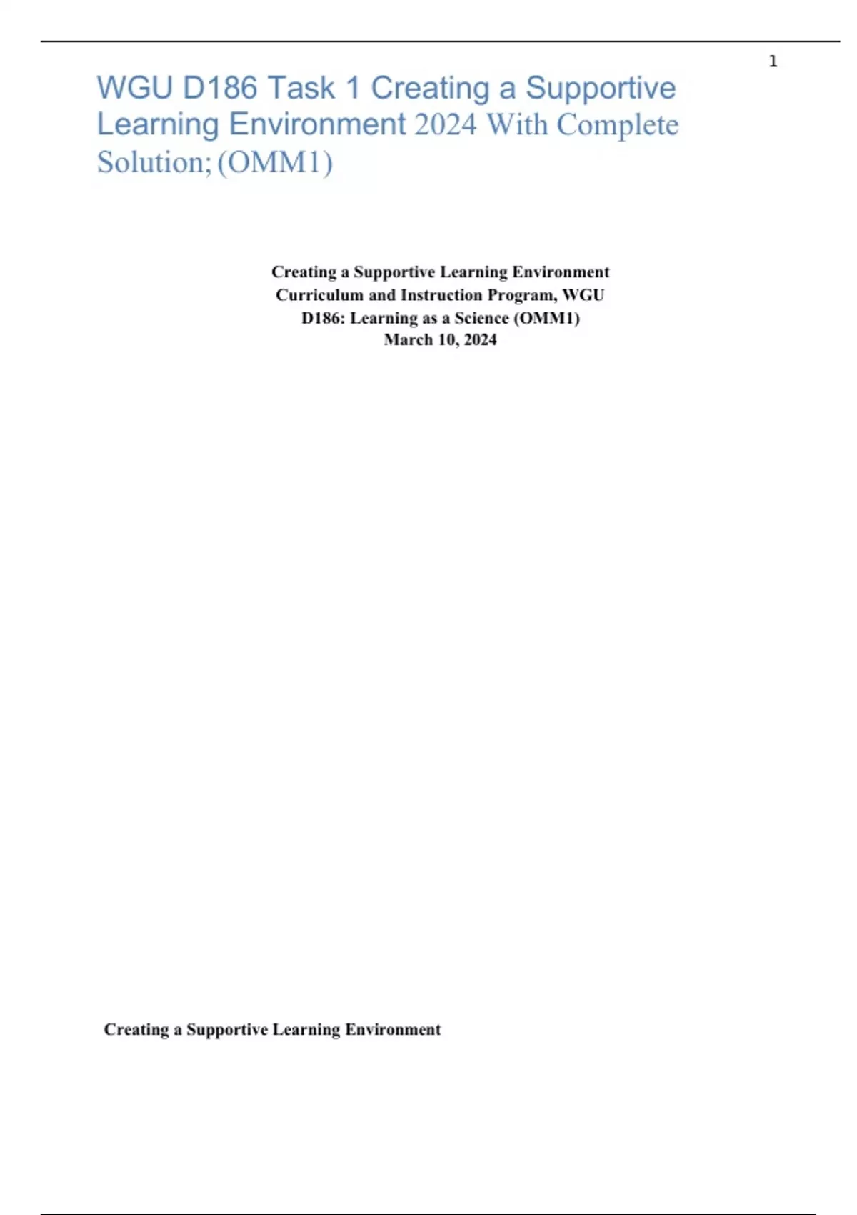 WGU D186 Task 1 Creating a Supportive Learning Environment 2024 With ...