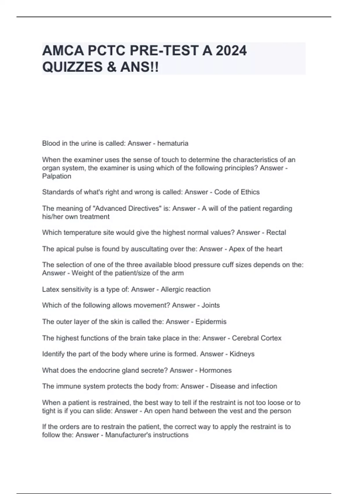 AMCA PCTC PRE-TEST A 2024 QUIZZES & ANS!! - AMCA PCTC - Stuvia UK