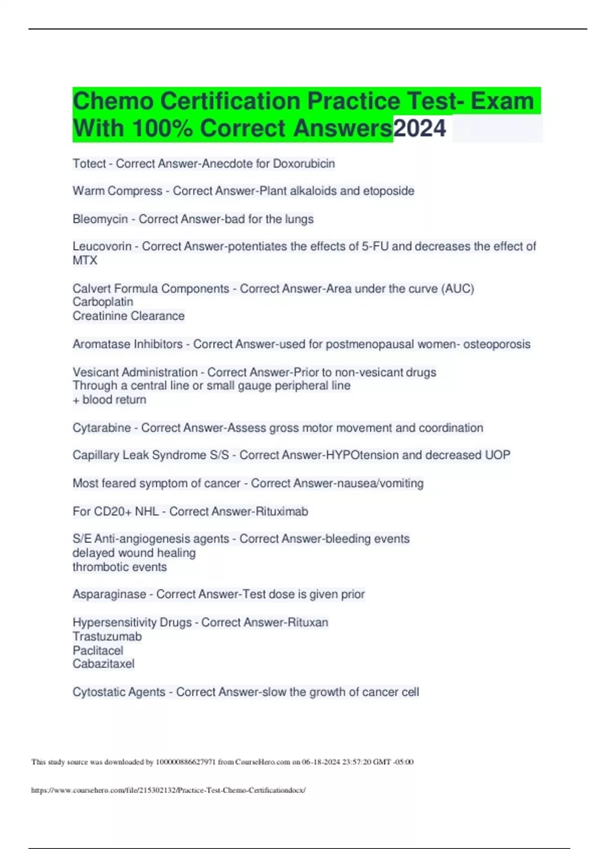 Chemo Certification - Oncology Nursing Latest Update 2024/2025 - Chemo ...